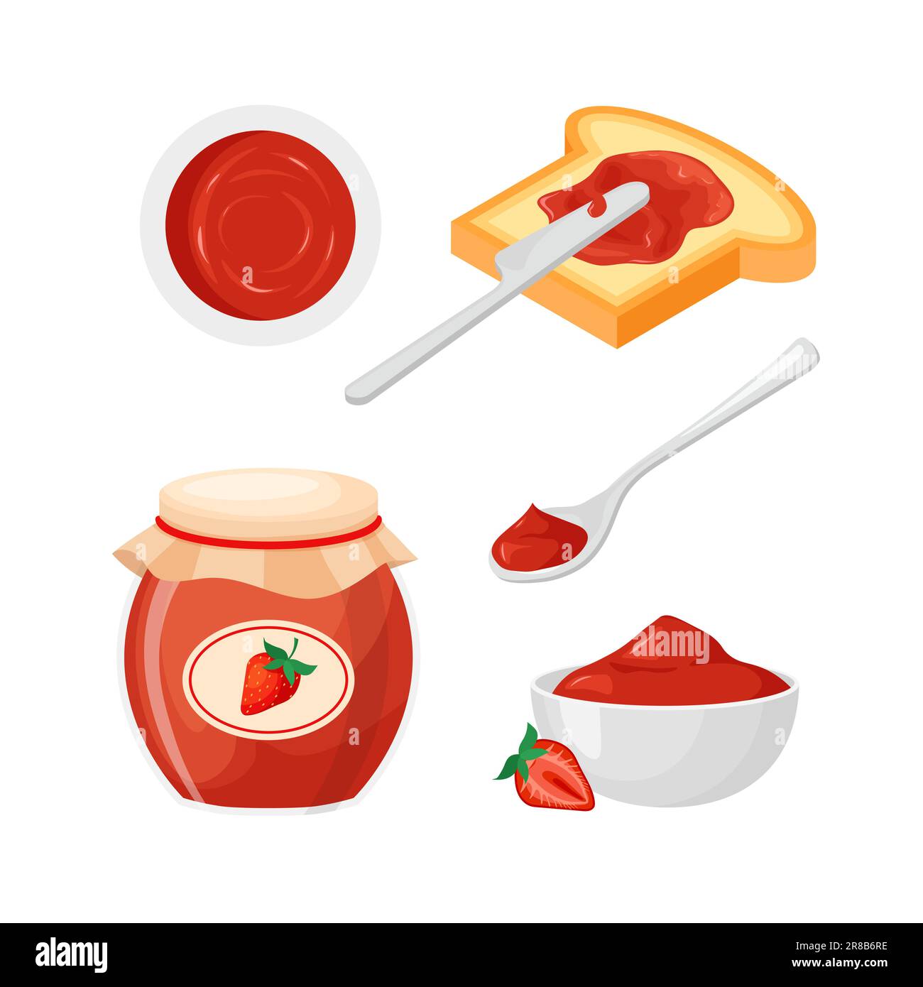 Toast bread and jar of strawberry jam. Raspberries marmalade in a bowl ...
