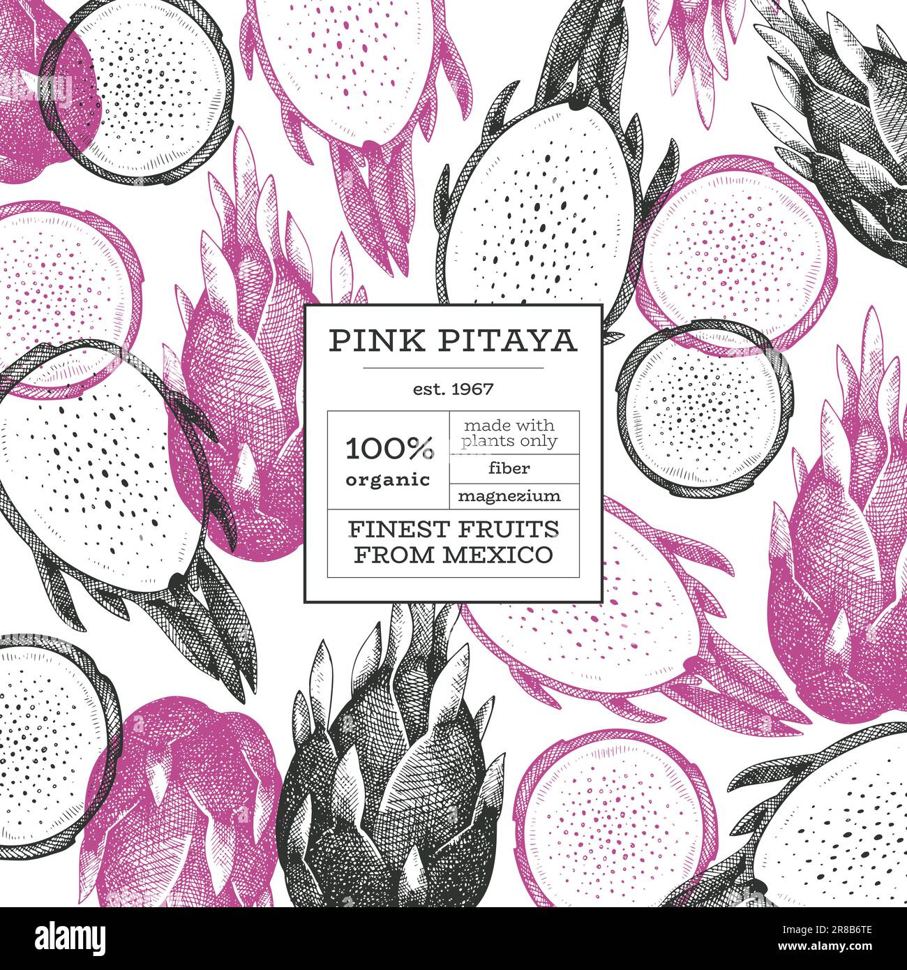 Hand drawn dragon fruit design template. Organic fresh food vector ...