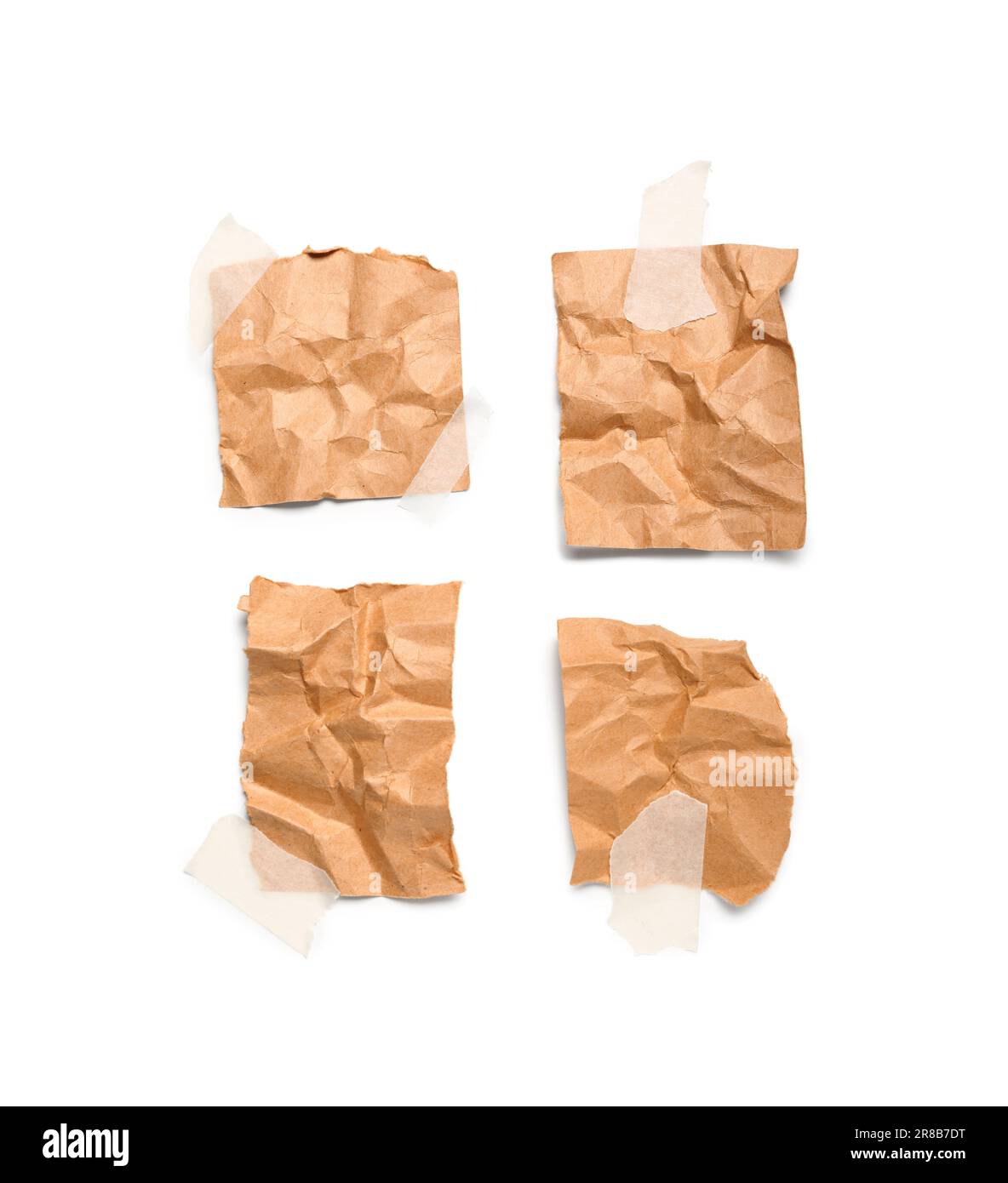 Attached pieces of creased paper sheets isolated on white background ...