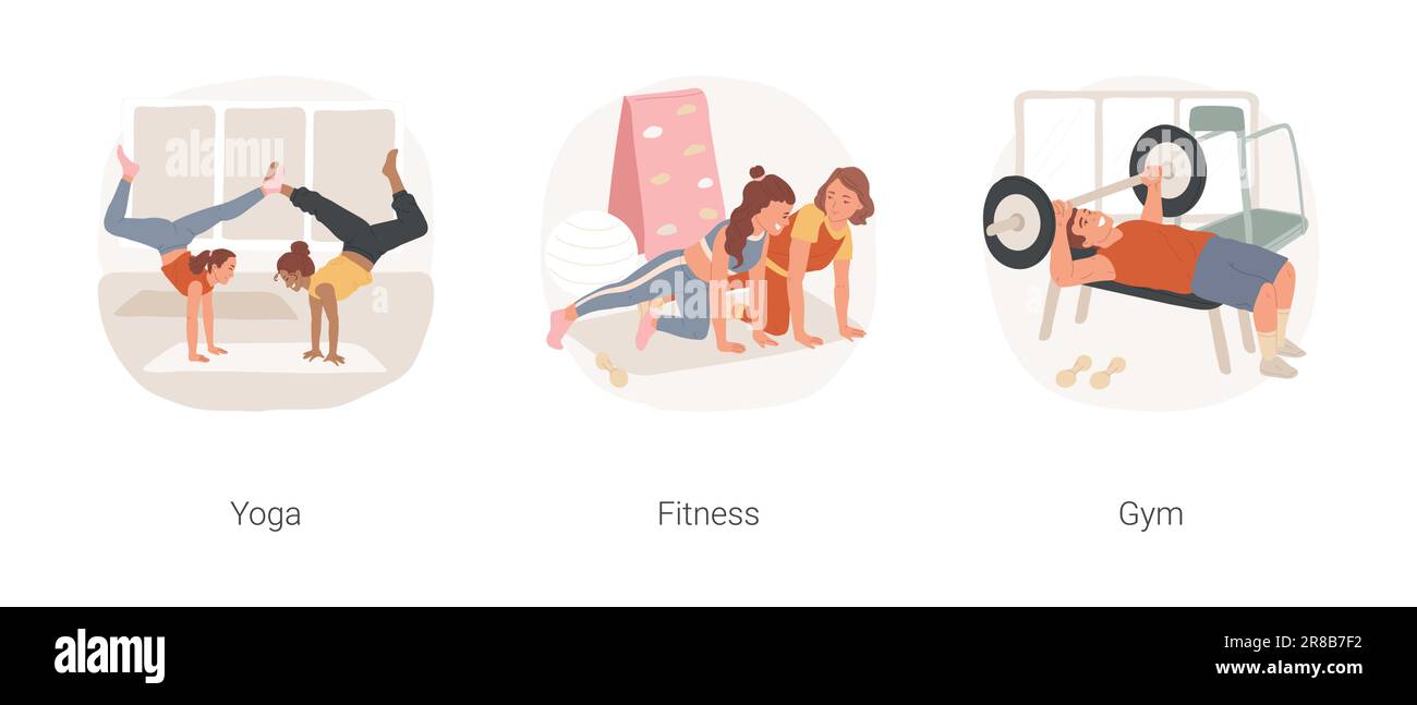 Teen fitness isolated cartoon vector illustration set. Teenager staying fit, young girls doing ...