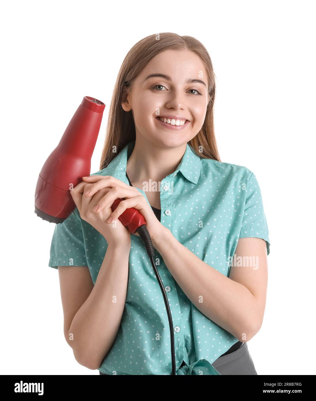 Female hairdresser with dryer on white background Stock Photo - Alamy