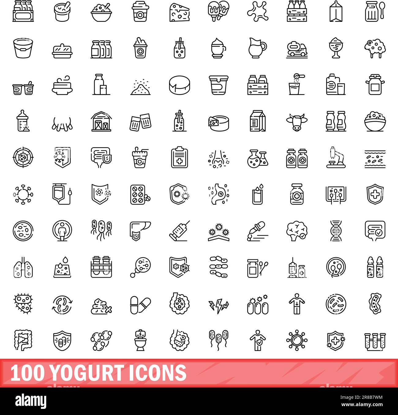 100 yogurt icons set. Outline illustration of 100 yogurt icons vector ...