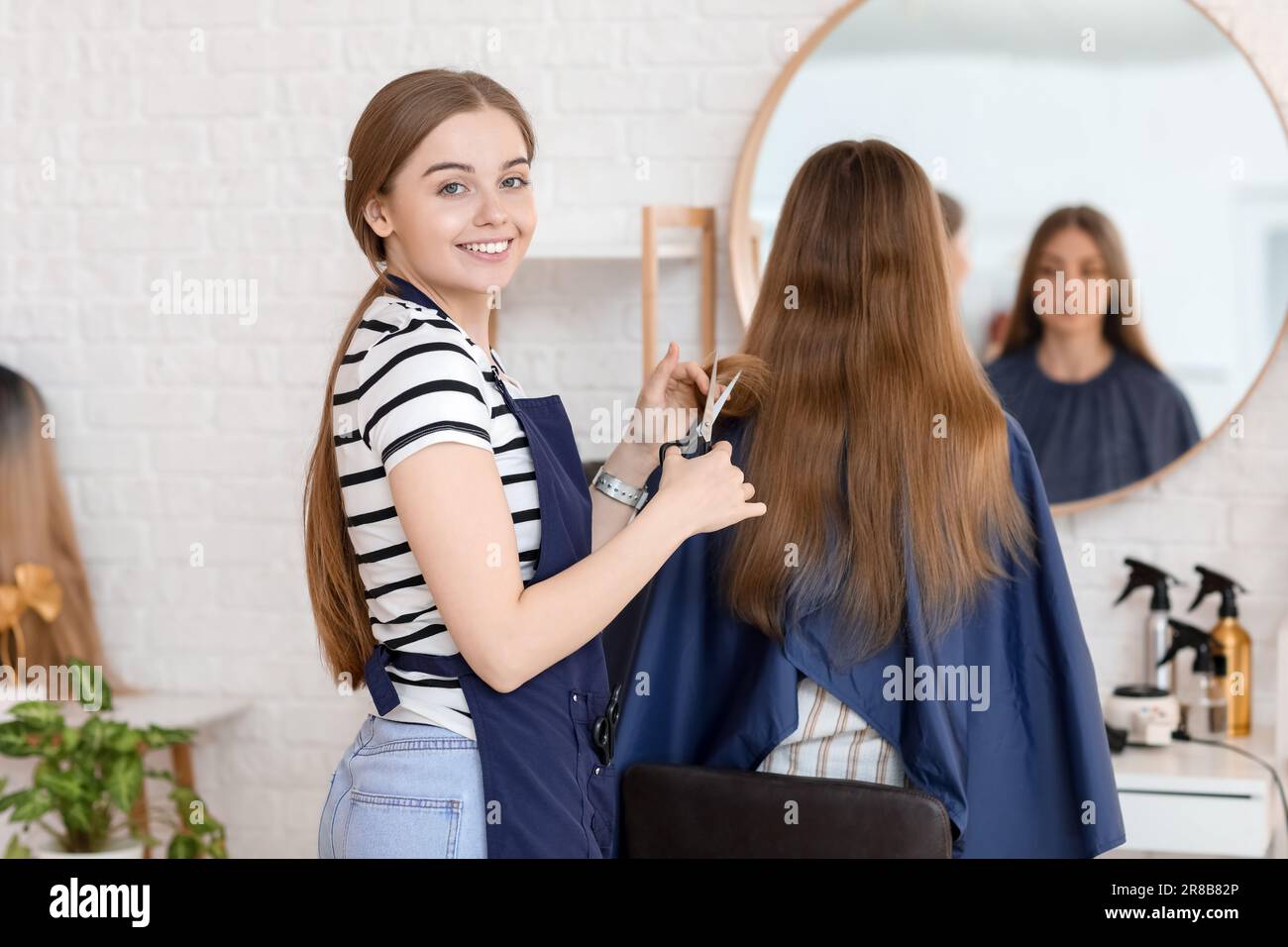 Female hairdresser cutting young woman's hair in beauty salon Stock ...