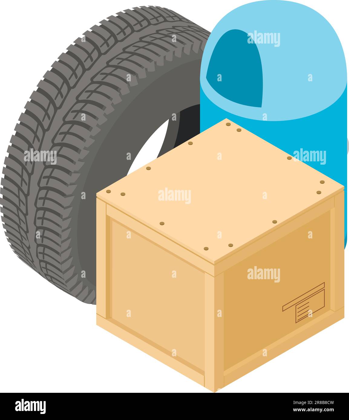 Garbage disposal icon isometric vector. Car tire and parcel box near ...