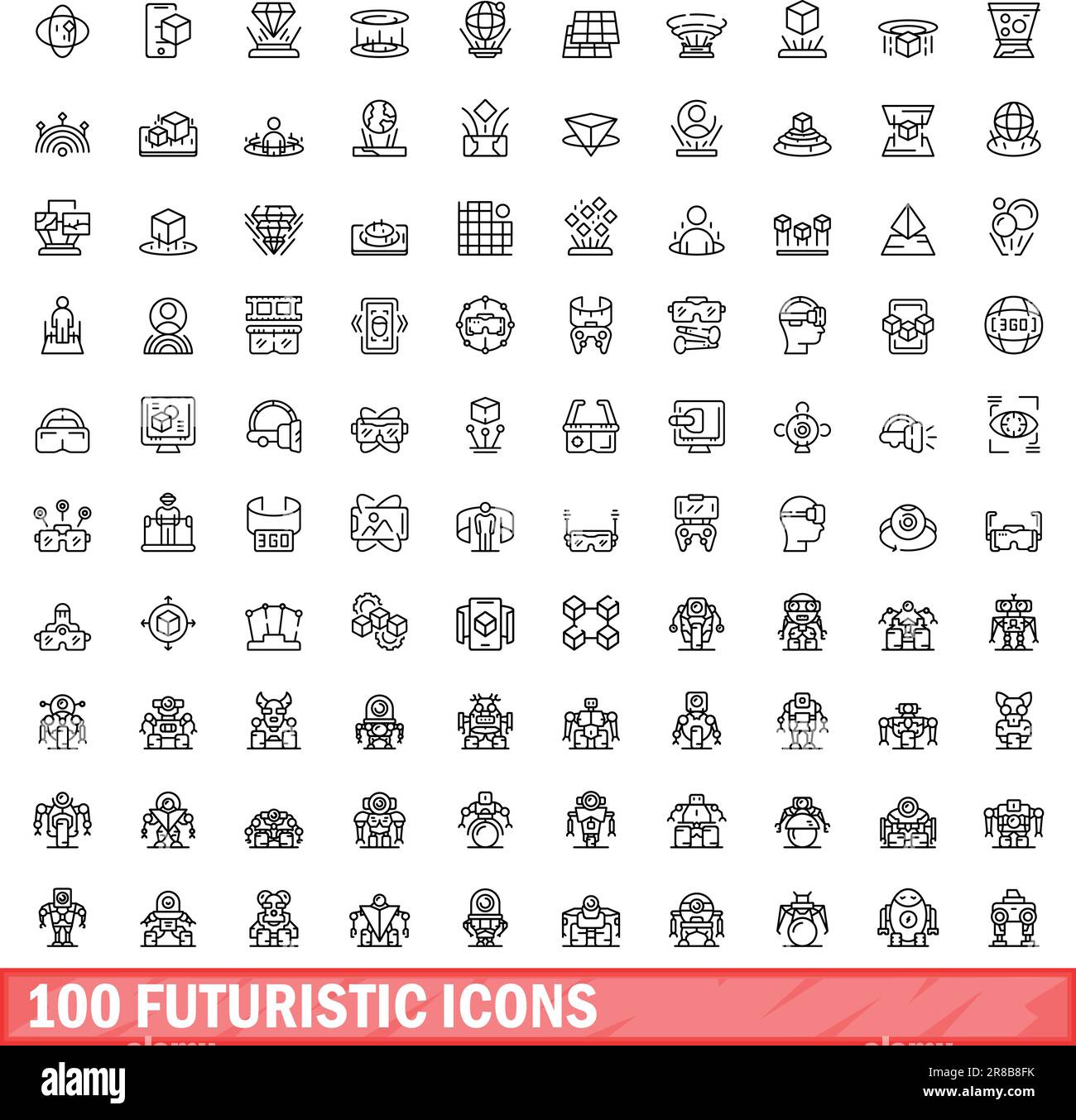 100 futuristic icons set. Outline illustration of 100 futuristic icons ...