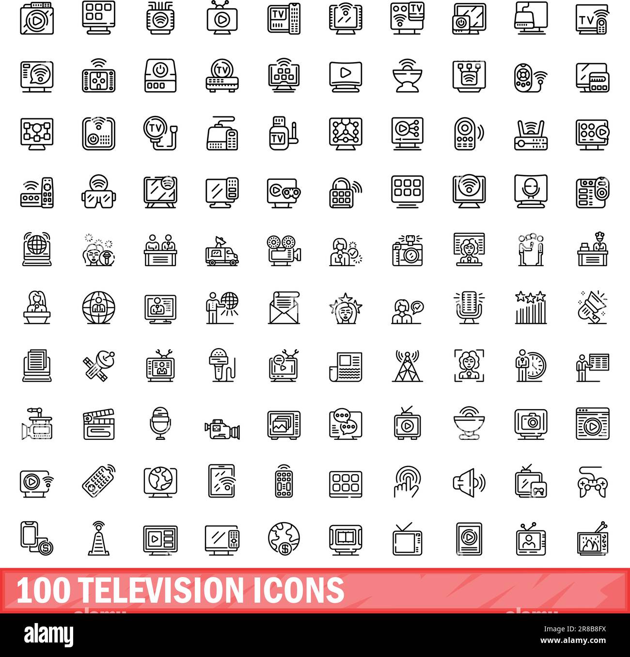 100 television icons set. Outline illustration of 100 television icons ...