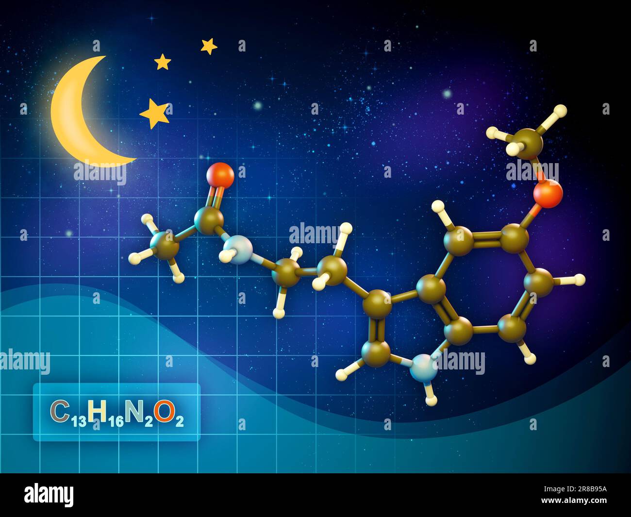 Melatonin molecule formula and 3D diagram, over a night sky background ...