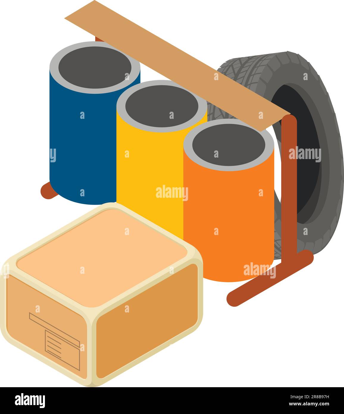Waste sorting icon isometric vector. Worn car tire and parcel box near three urn. Environmental ...