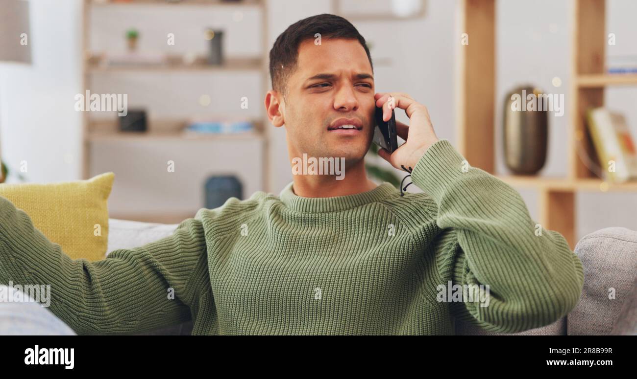 Angry, frustrated and phone call of man in home with anger problem ...