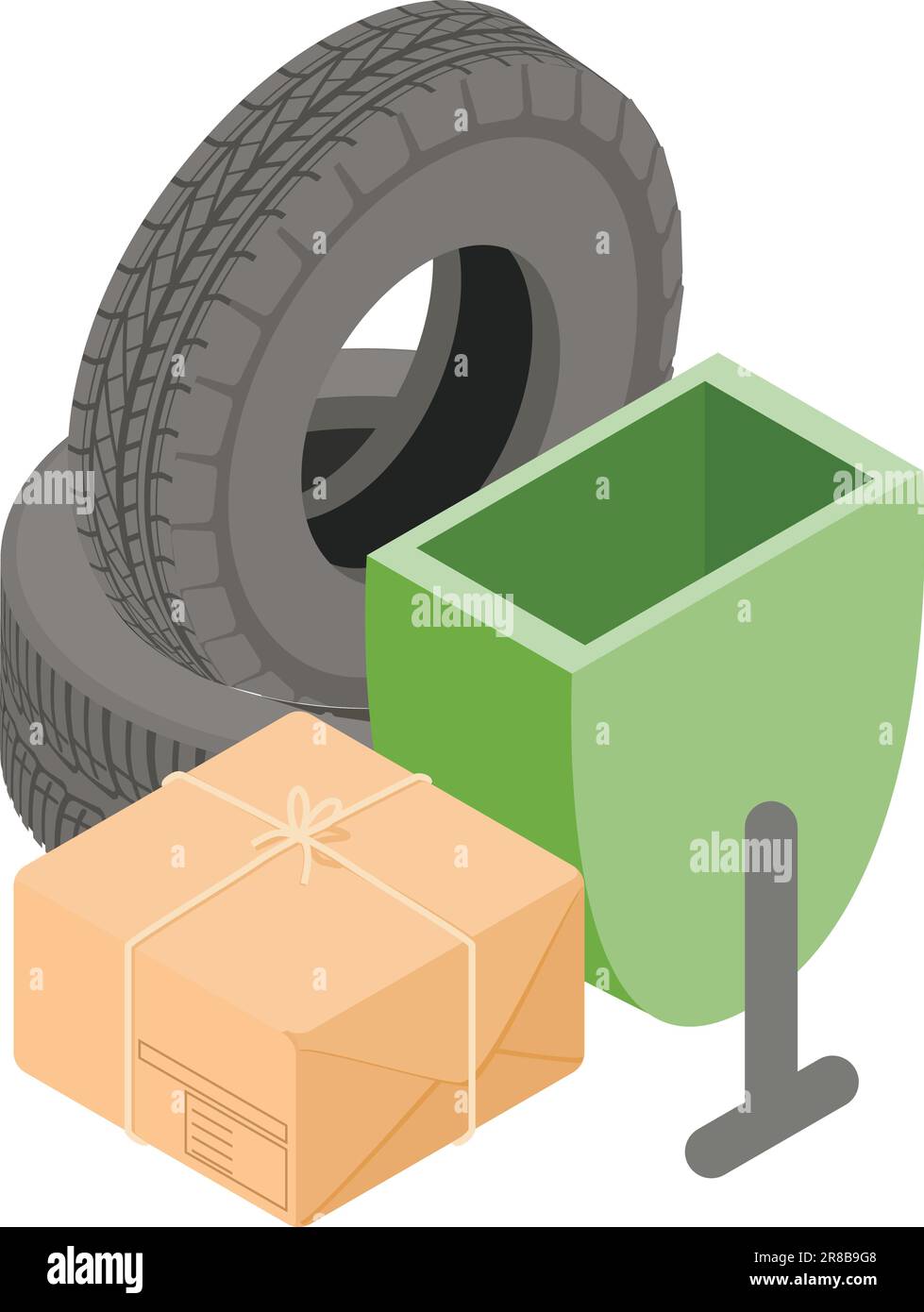 Eco technology icon isometric vector. Car tire and parcel box near street urn. Waste sorting ...