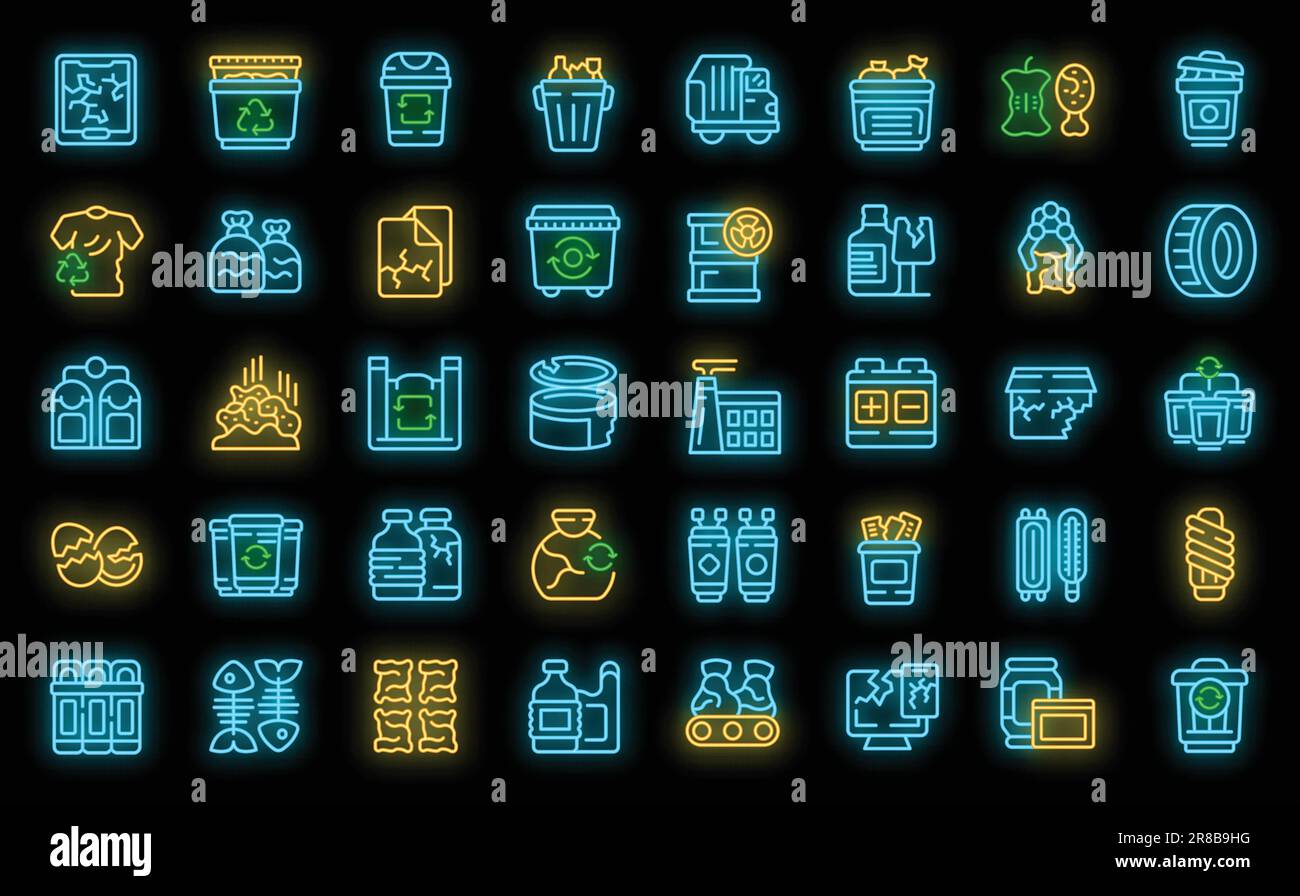 Waste sorting icons set outline vector. Garbage sorting. Sort trash neon color on black Stock ...