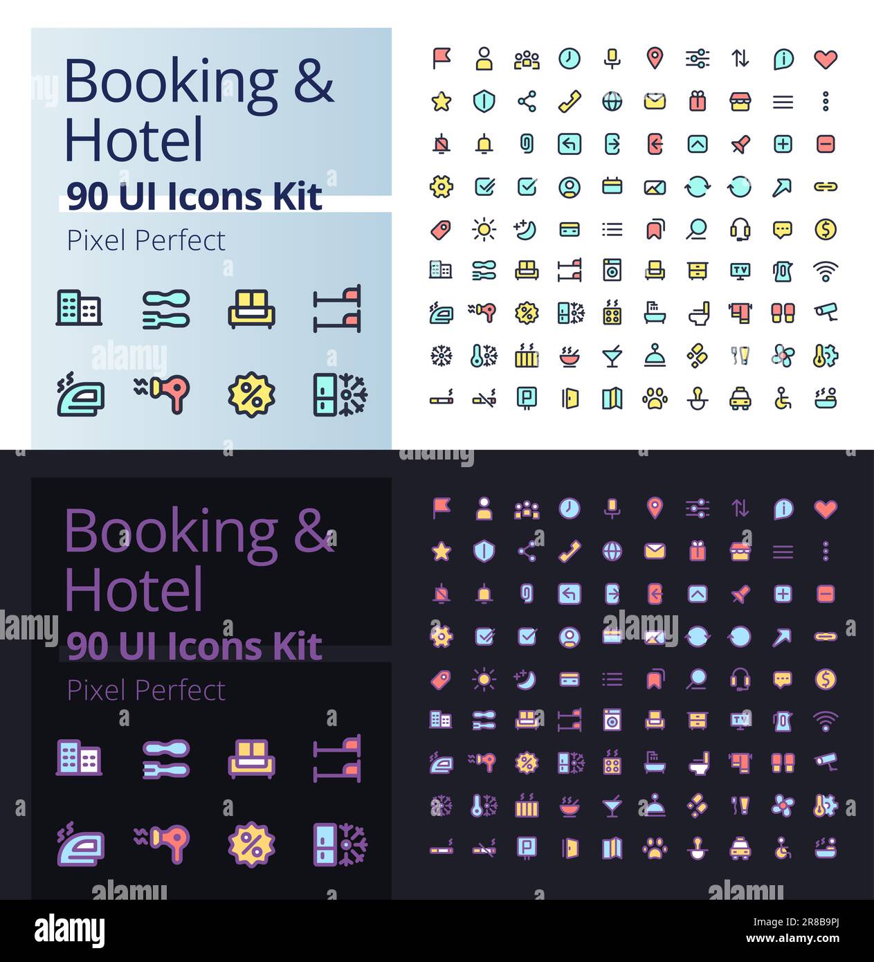 Booking and hotel pixel perfect RGB color ui icons kit for dark, light ...