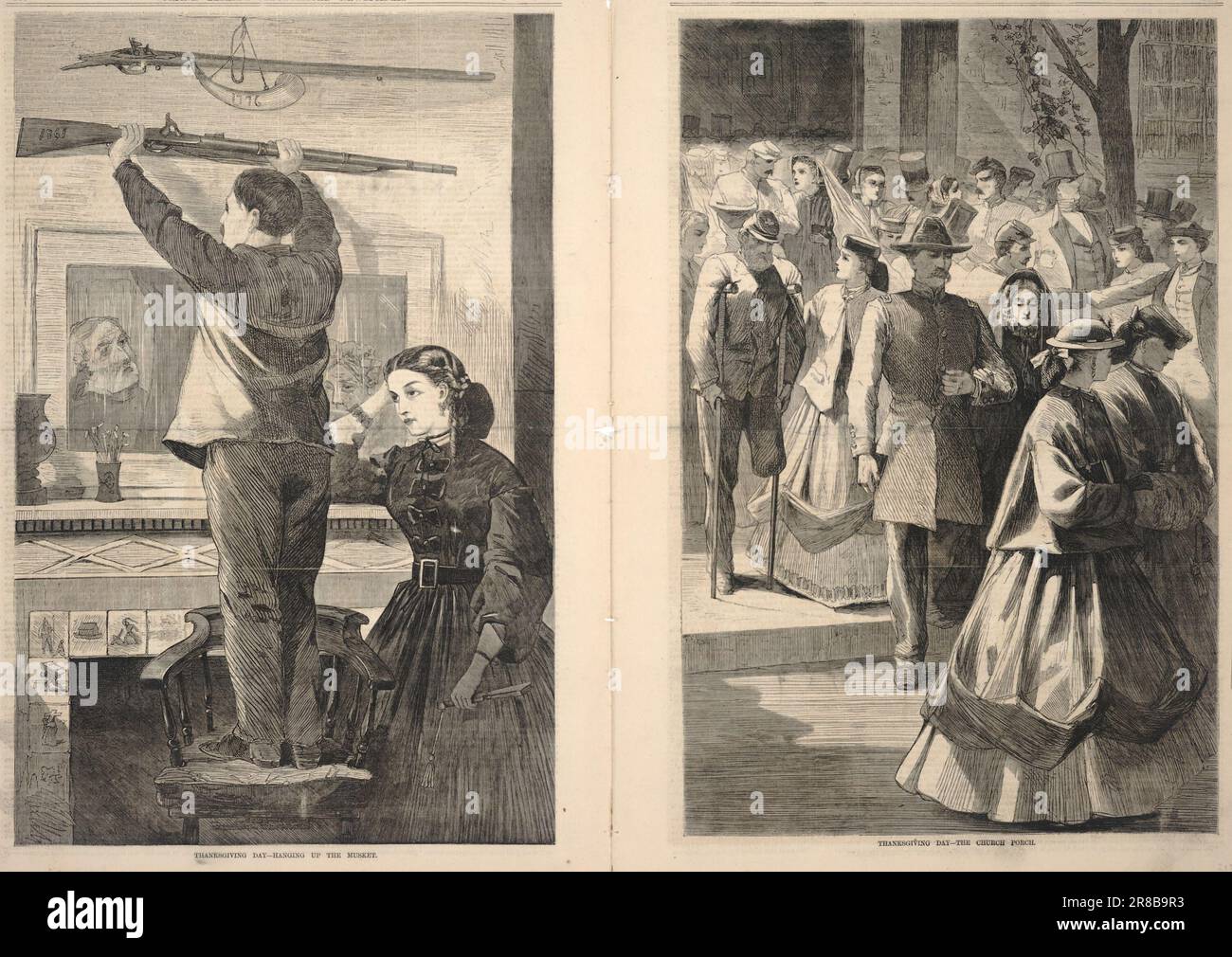 Thanksgiving Day--Hanging up the Musket/Thanksgiving Day--The Church ...