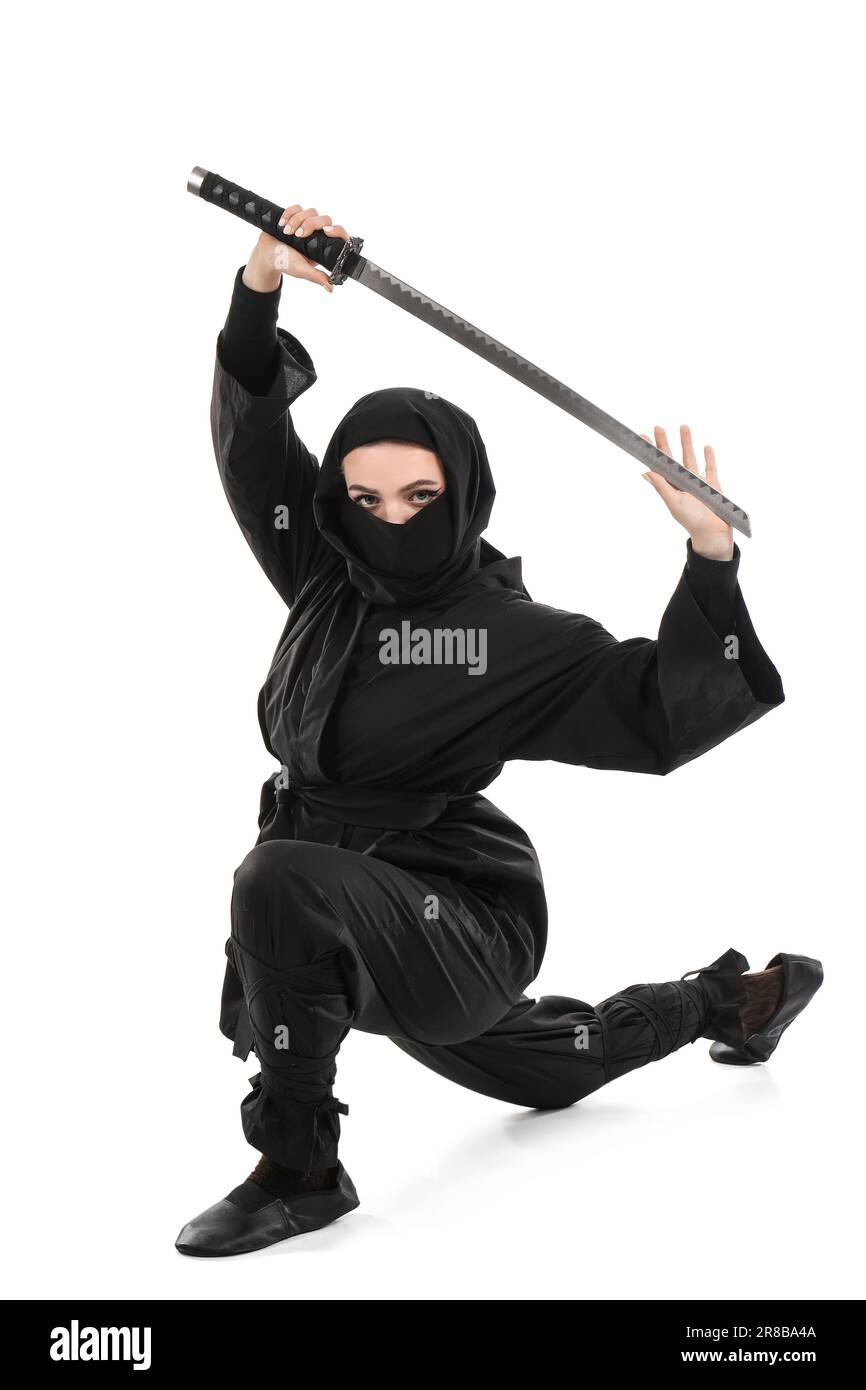 Female ninja with sword isolated on white Stock Photo - Alamy