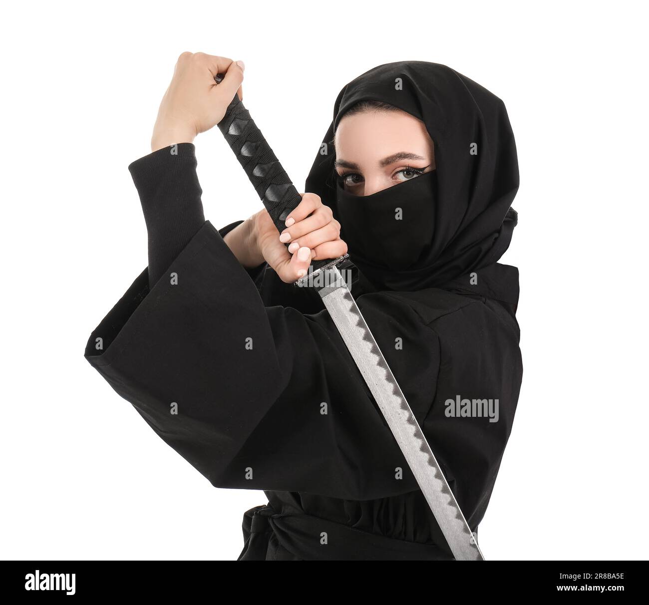 Female ninja with sword isolated on white Stock Photo - Alamy