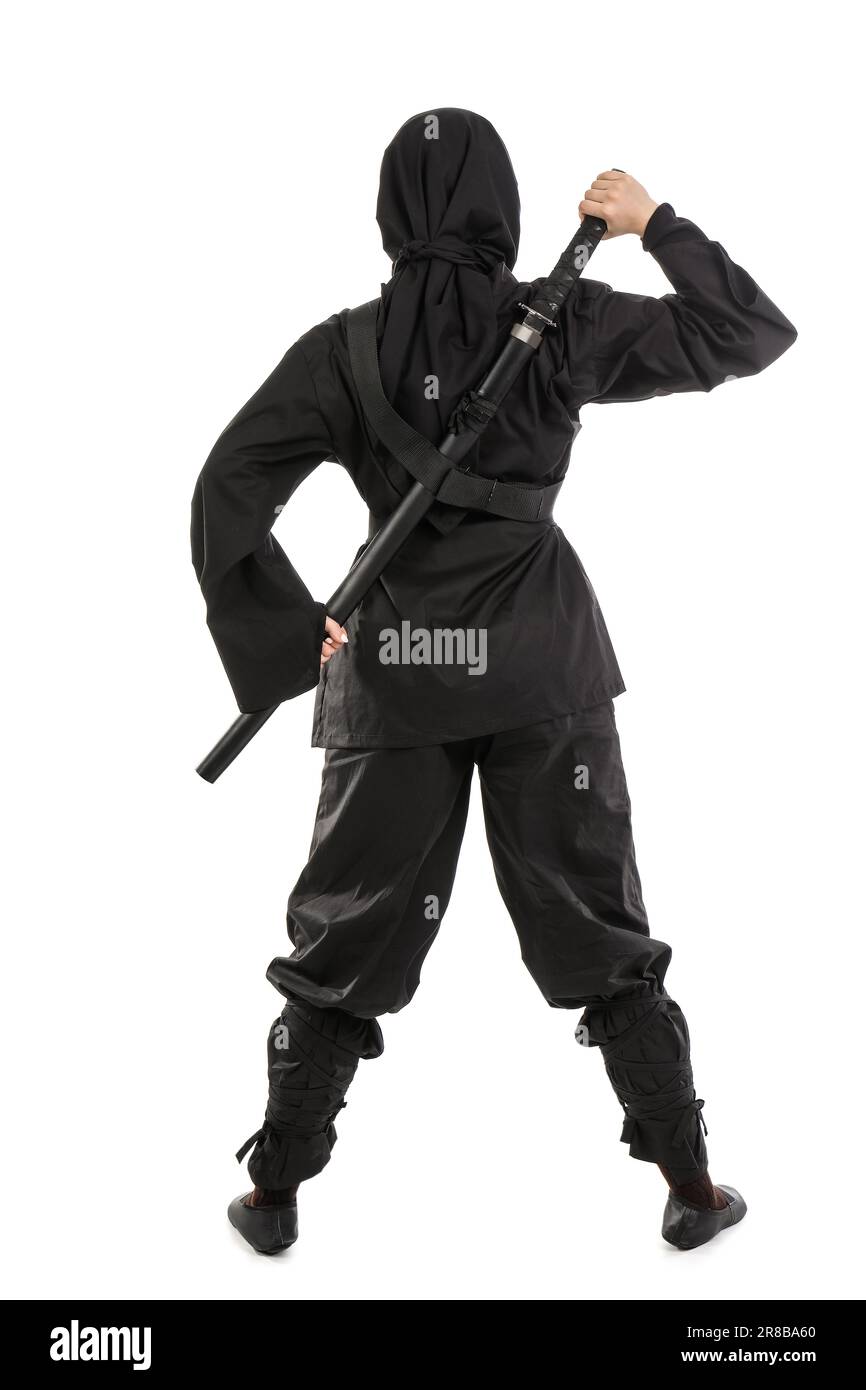 Female ninja with sword on white background, back view Stock Photo - Alamy