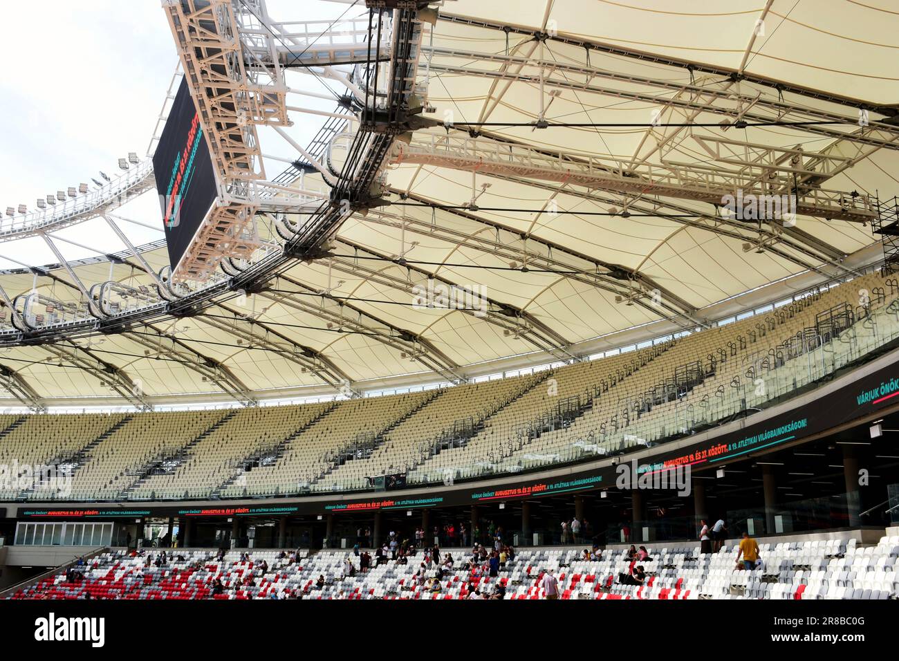 Budapest, June 2023: new stadium interior. spectator seats with canvas ...