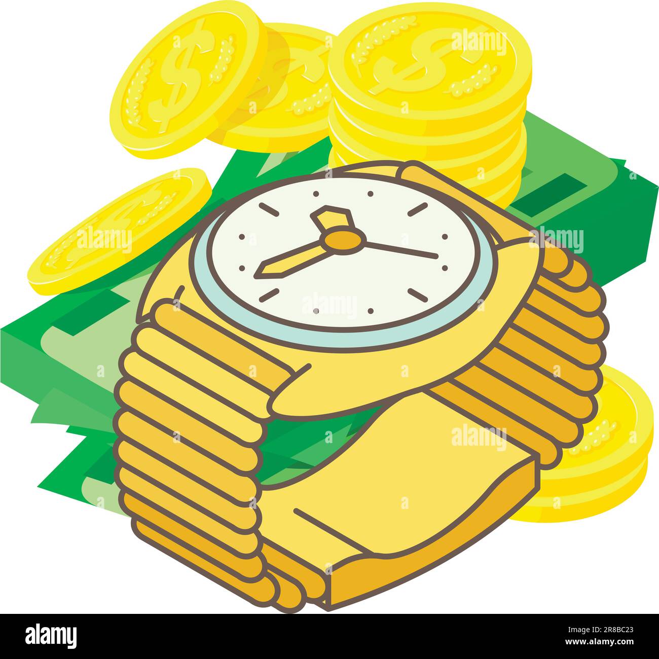 Cash management icon isometric vector. Wristwatch near dollar bill and ...