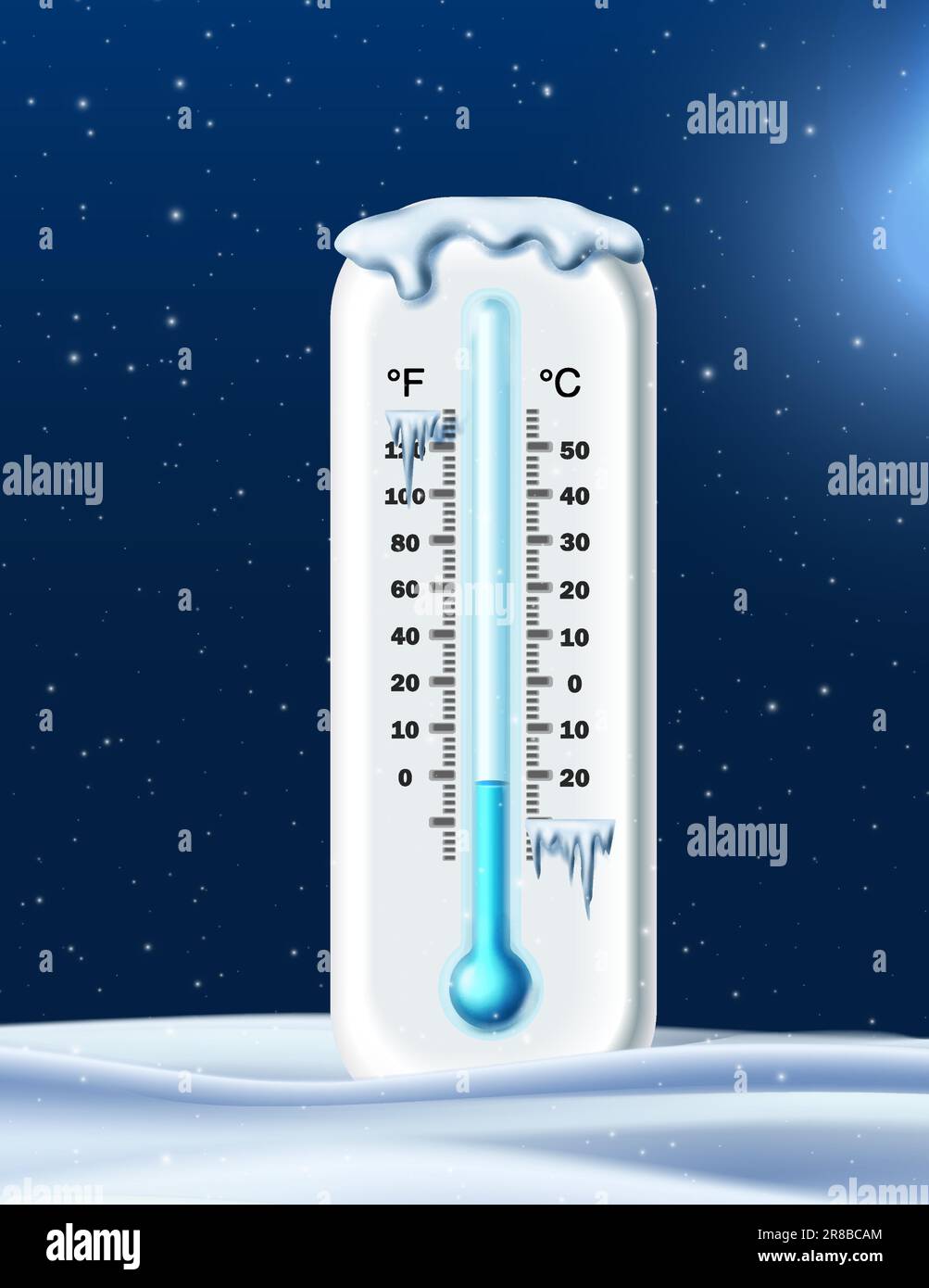 Cartoon style realistic vector icon. Cold thermometer on the snow Stock ...