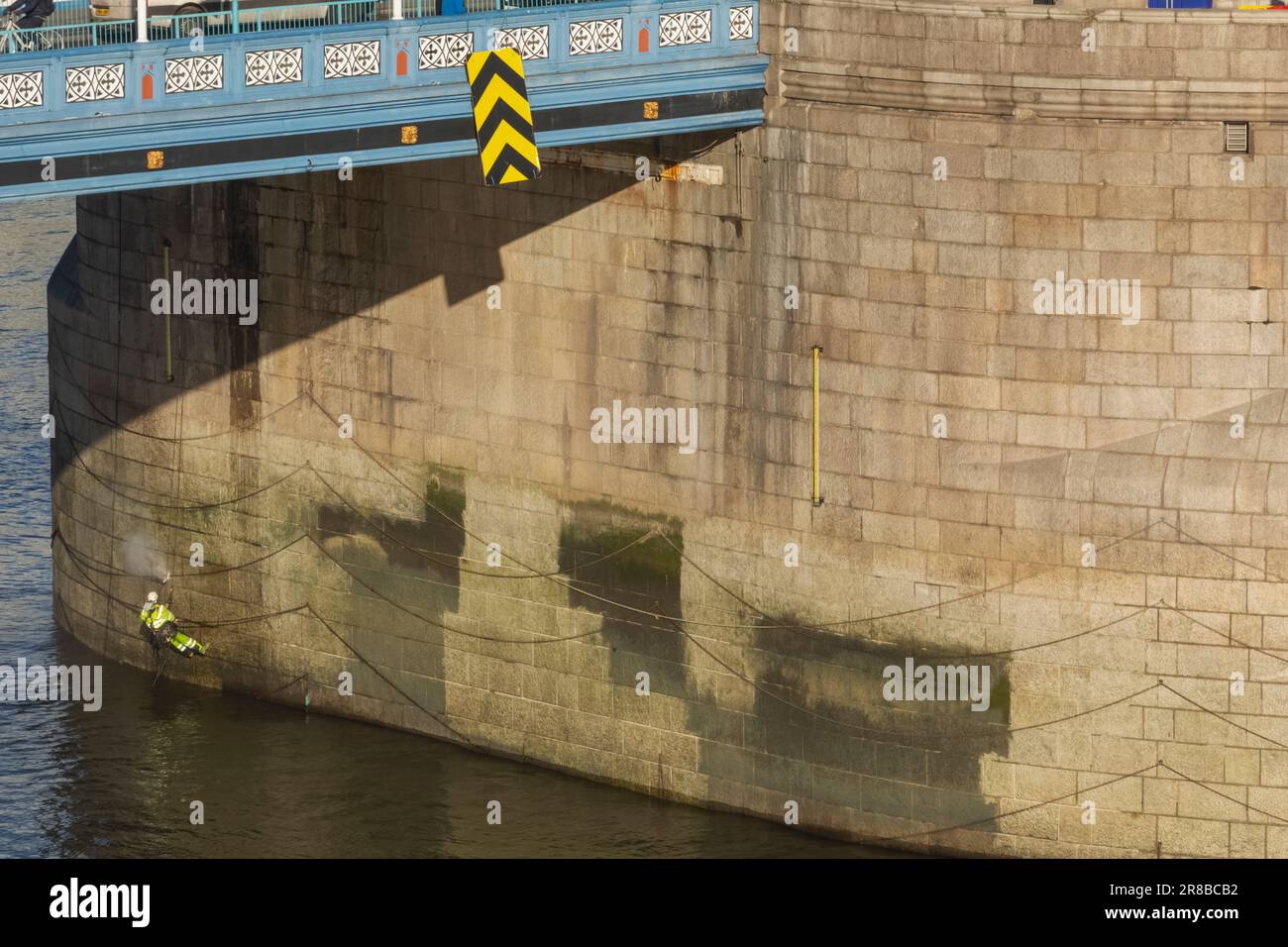 England, London, Tower Bridge, Maintenance Workers Using High Pressure ...