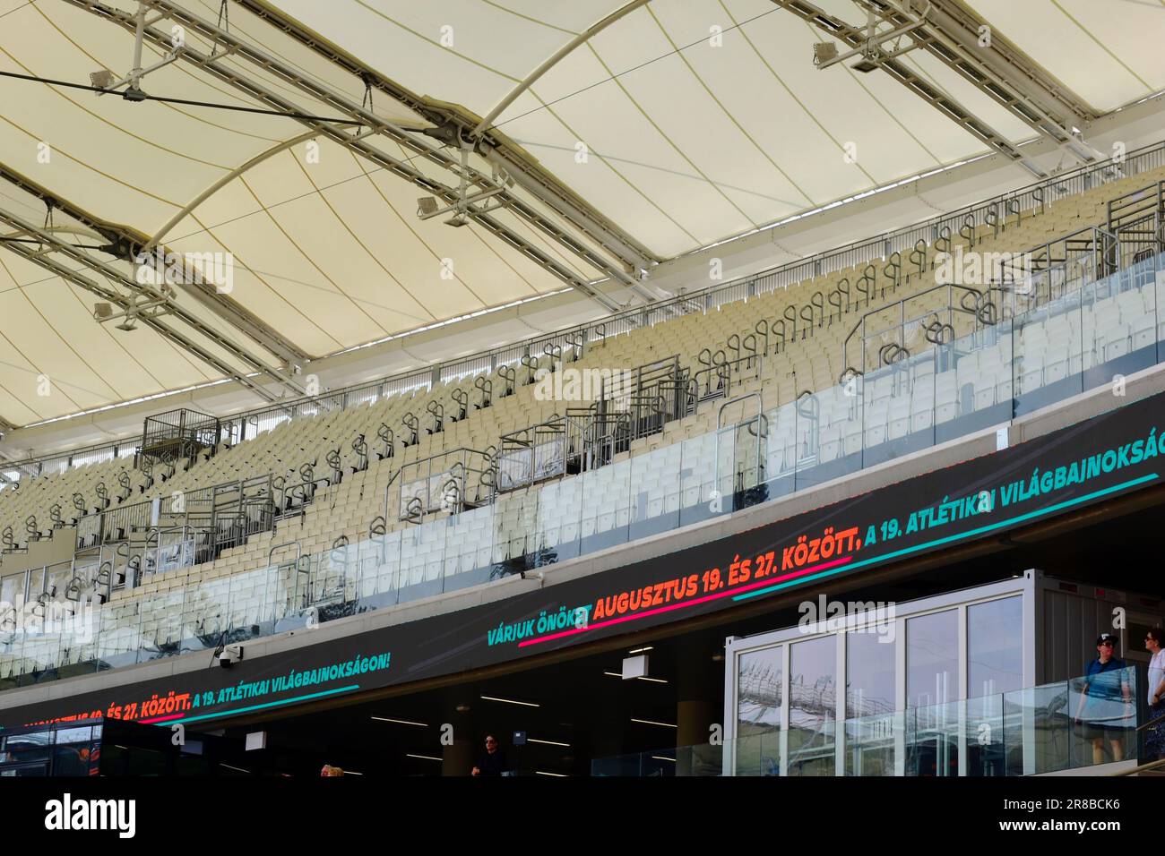 Budapest, June 2023: new stadium interior. spectator seats with canvas ...