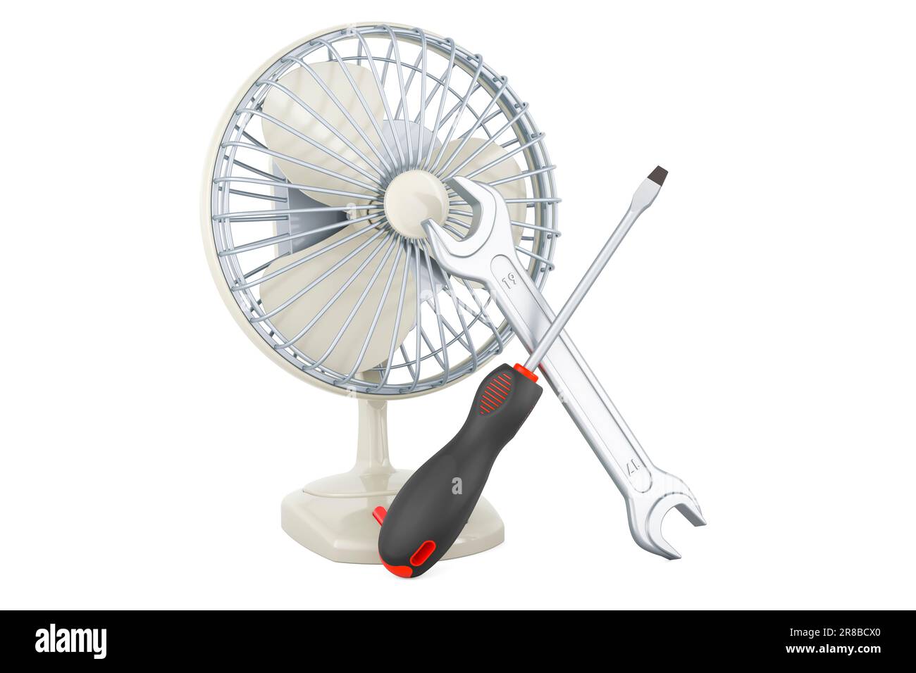 Table fan with screwdriver and wrench. 3D rendering isolated on white ...