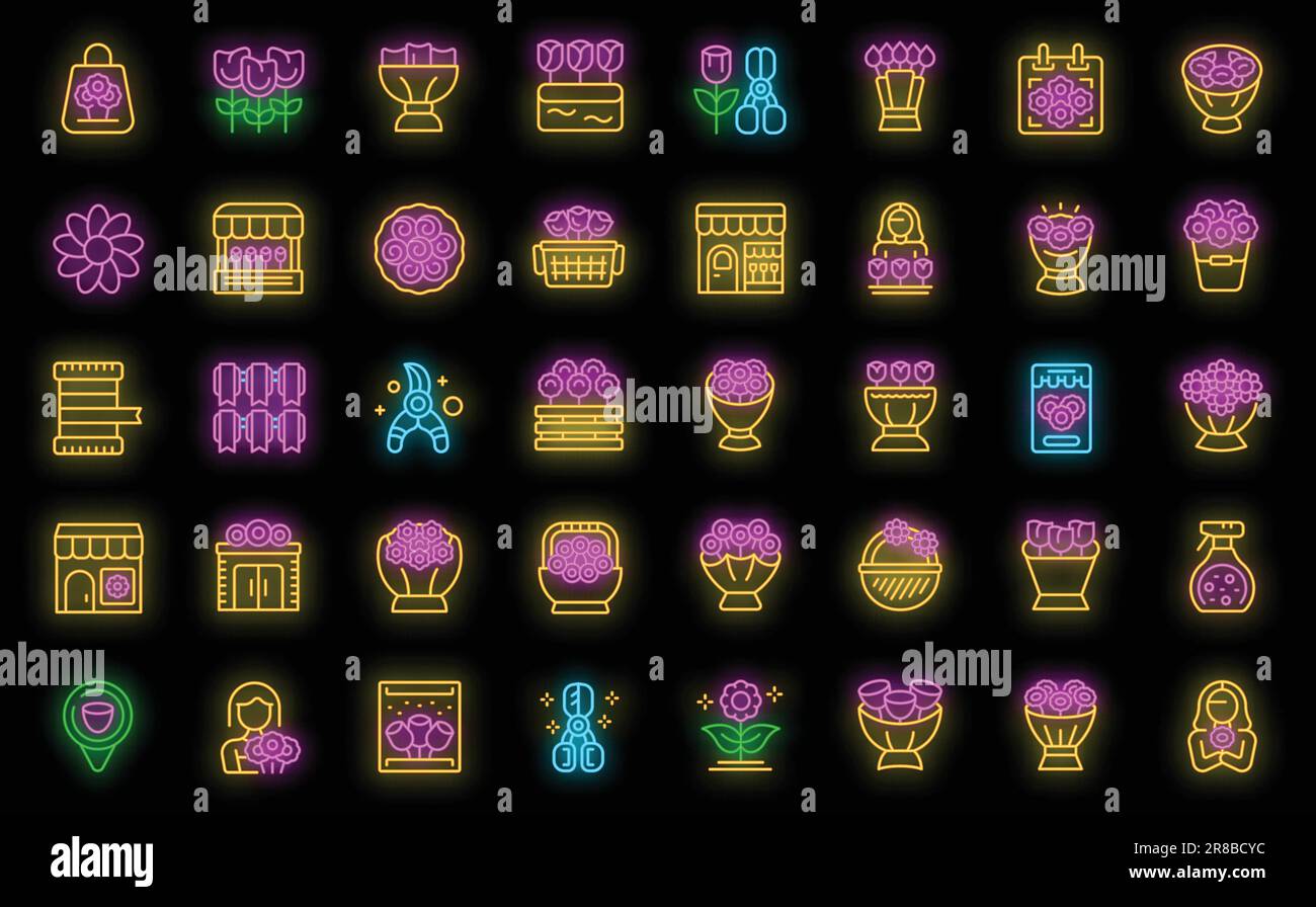 Florist icons set outline vector. Garden plant. Eco floral neon color ...
