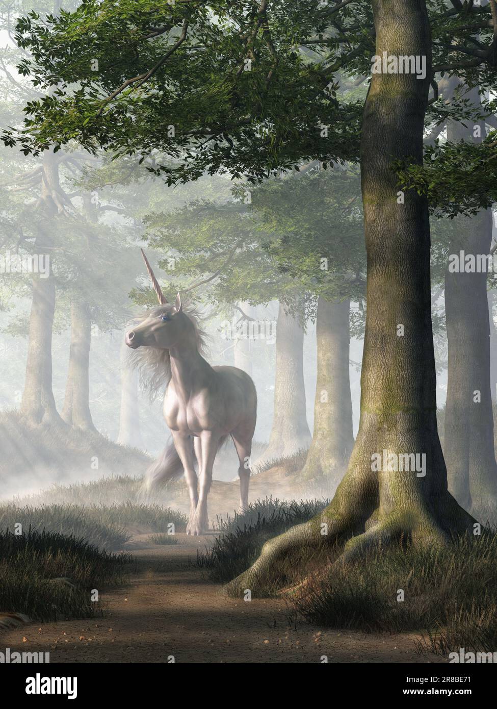 A Unicorn, a white horse with a spiral horn, stands on a trail in an ...