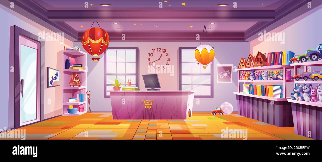 Cartoon toy shop with furniture and goods on shelves. Vector ...