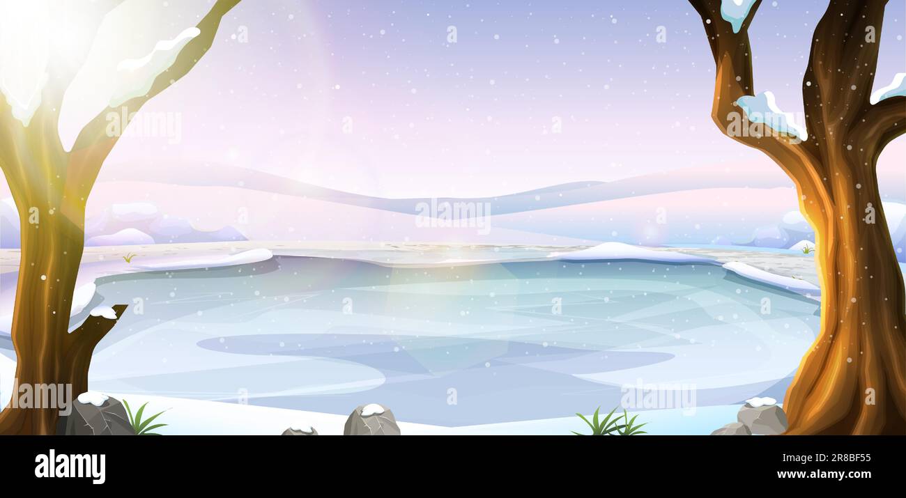 Vector cartoon style illustration of ice skating rink among trees and ...