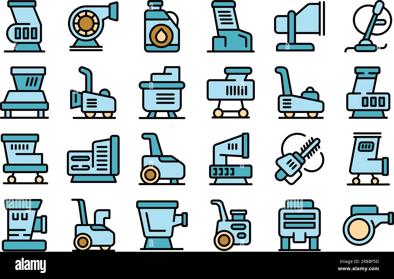 Garden shredder icons set outline vector. Wood tree. Mower string thin ...