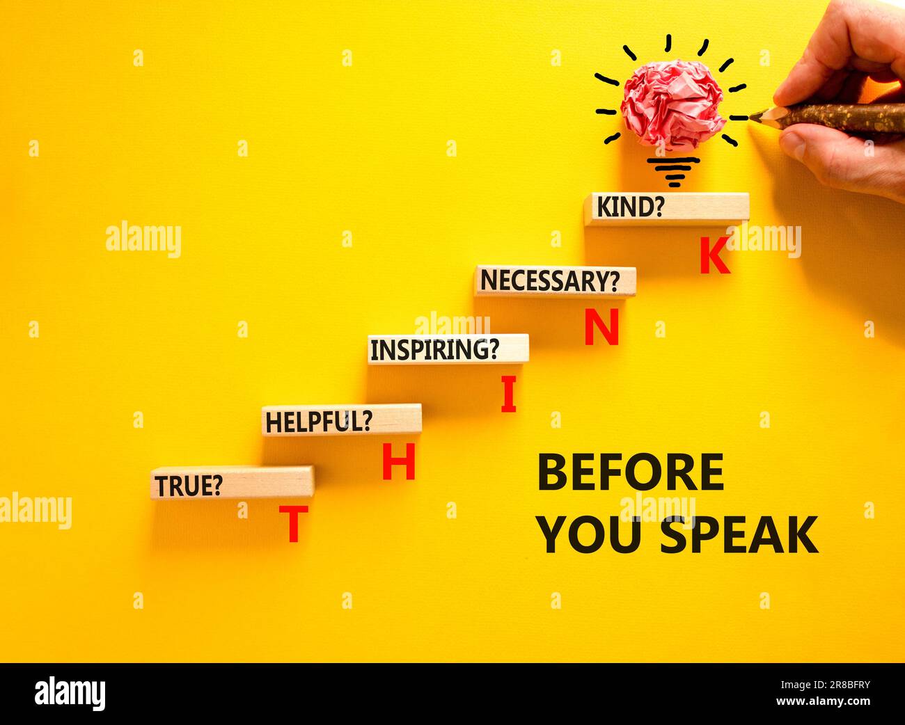 Think before you speak symbol. Concept words Think before you speak true helpful inspiring ...