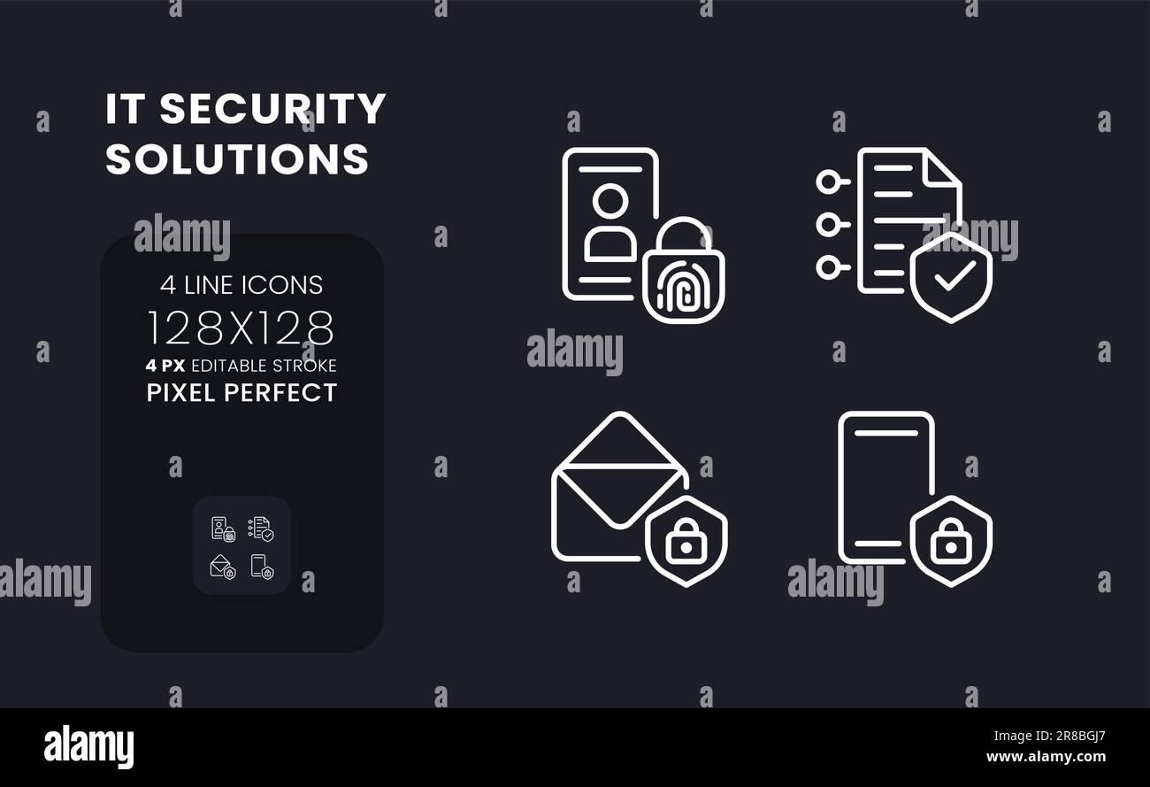 Cyber security solutions white linear desktop icons on black Stock ...