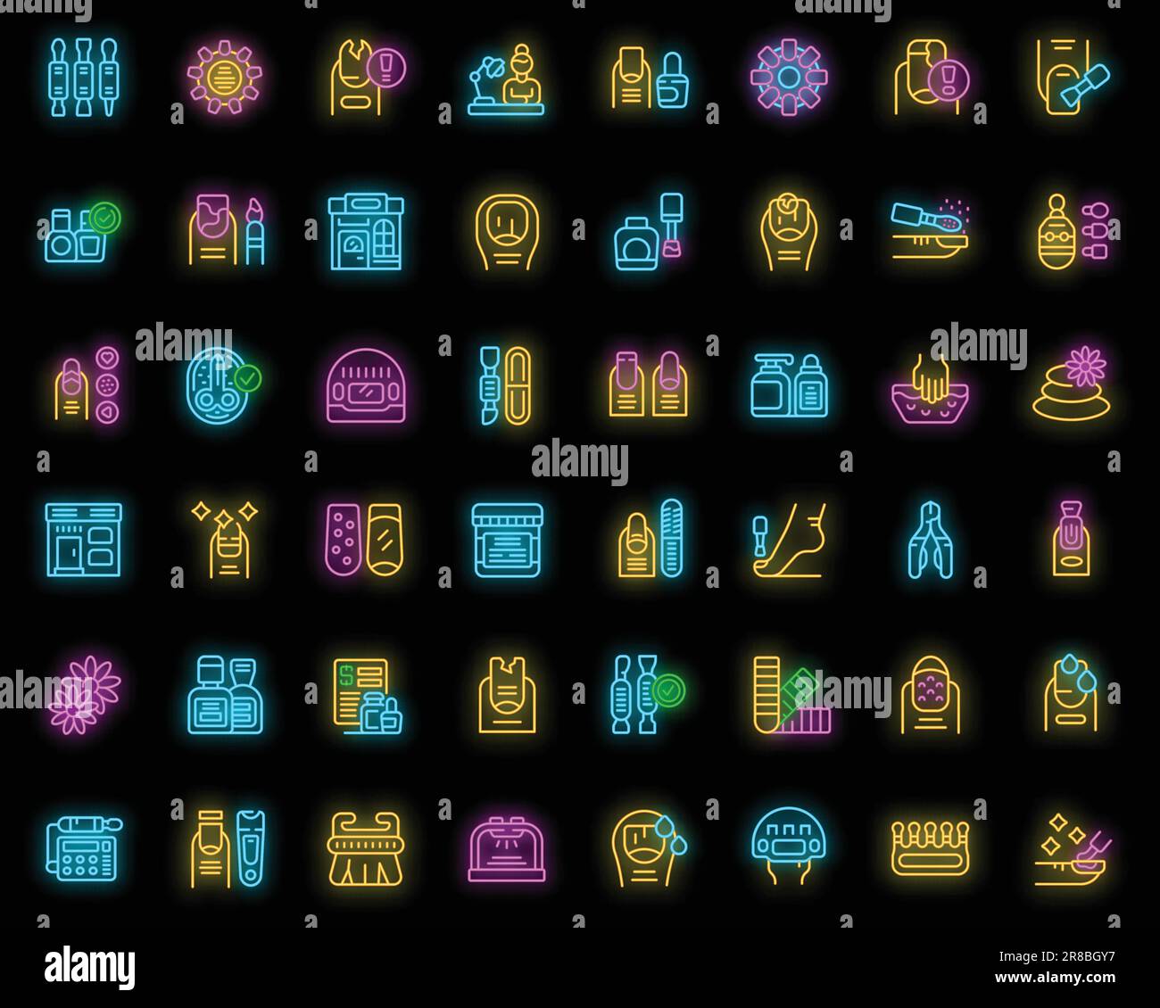 Nail service icons set outline vector. Manicure gel. Woman fashion neon ...