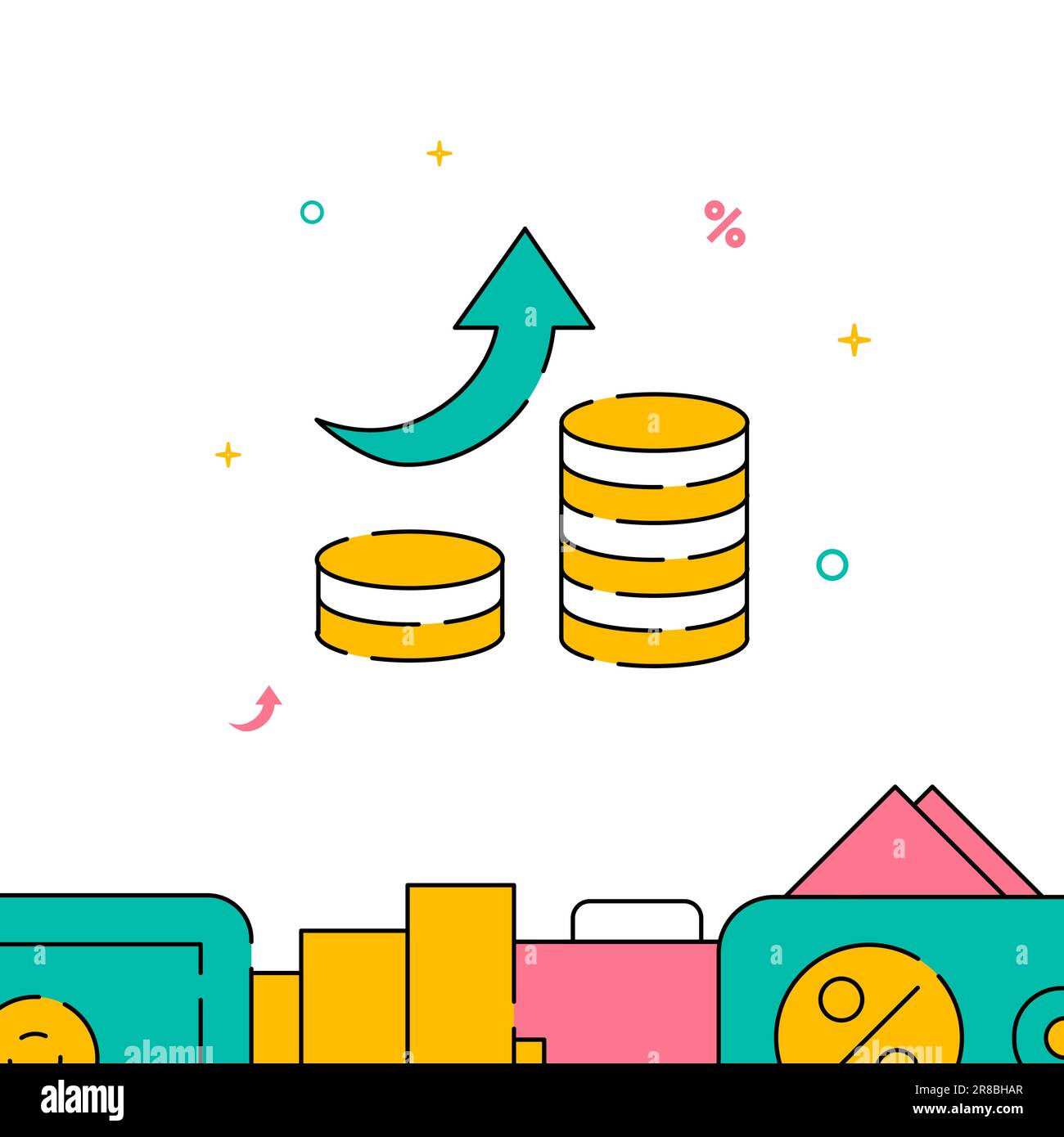 Increasing revenue coin stack filled line vector icon, simple illustration, related bottom ...