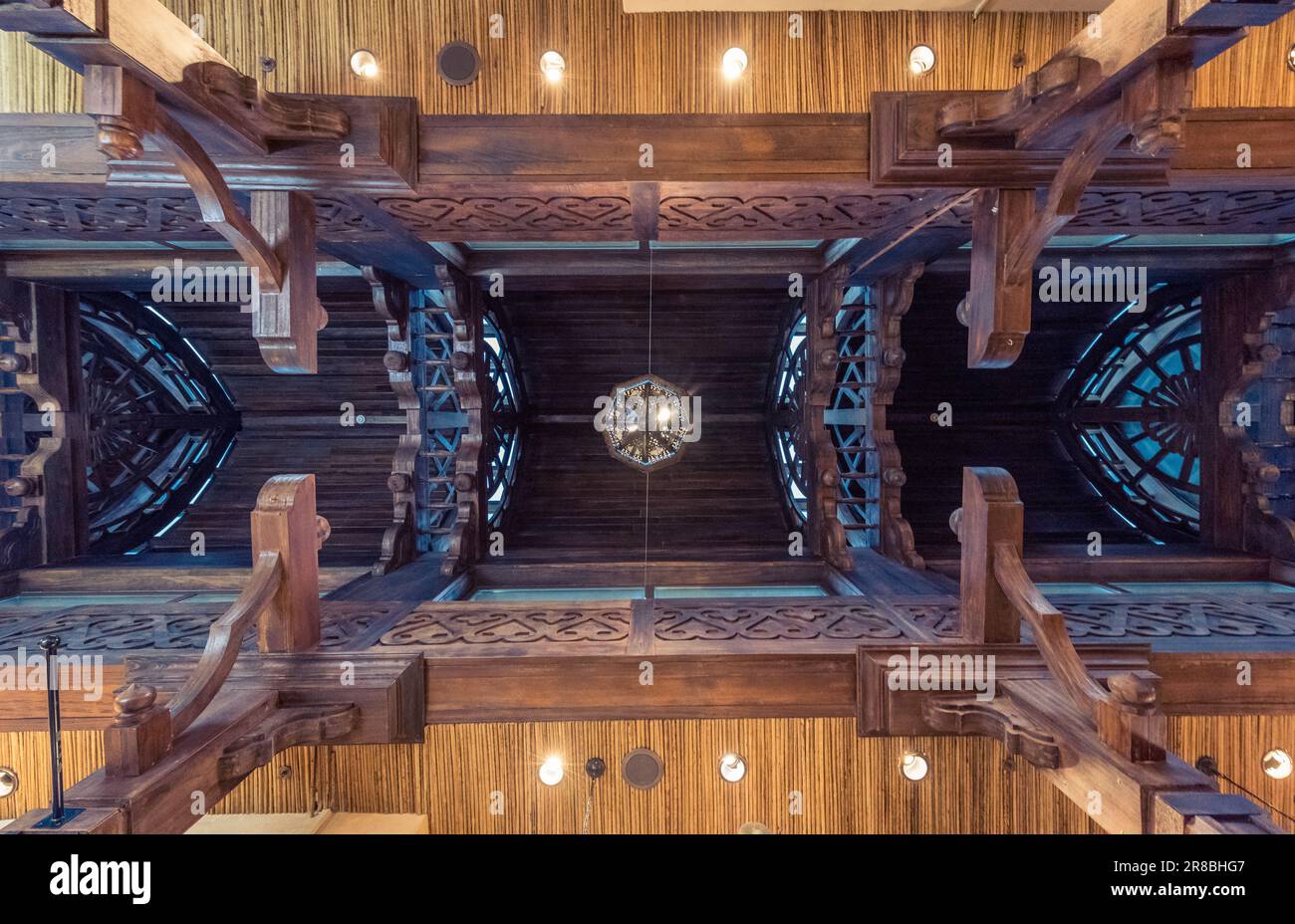 The charming atmosphere of a building with a wooden ceiling adorned ...