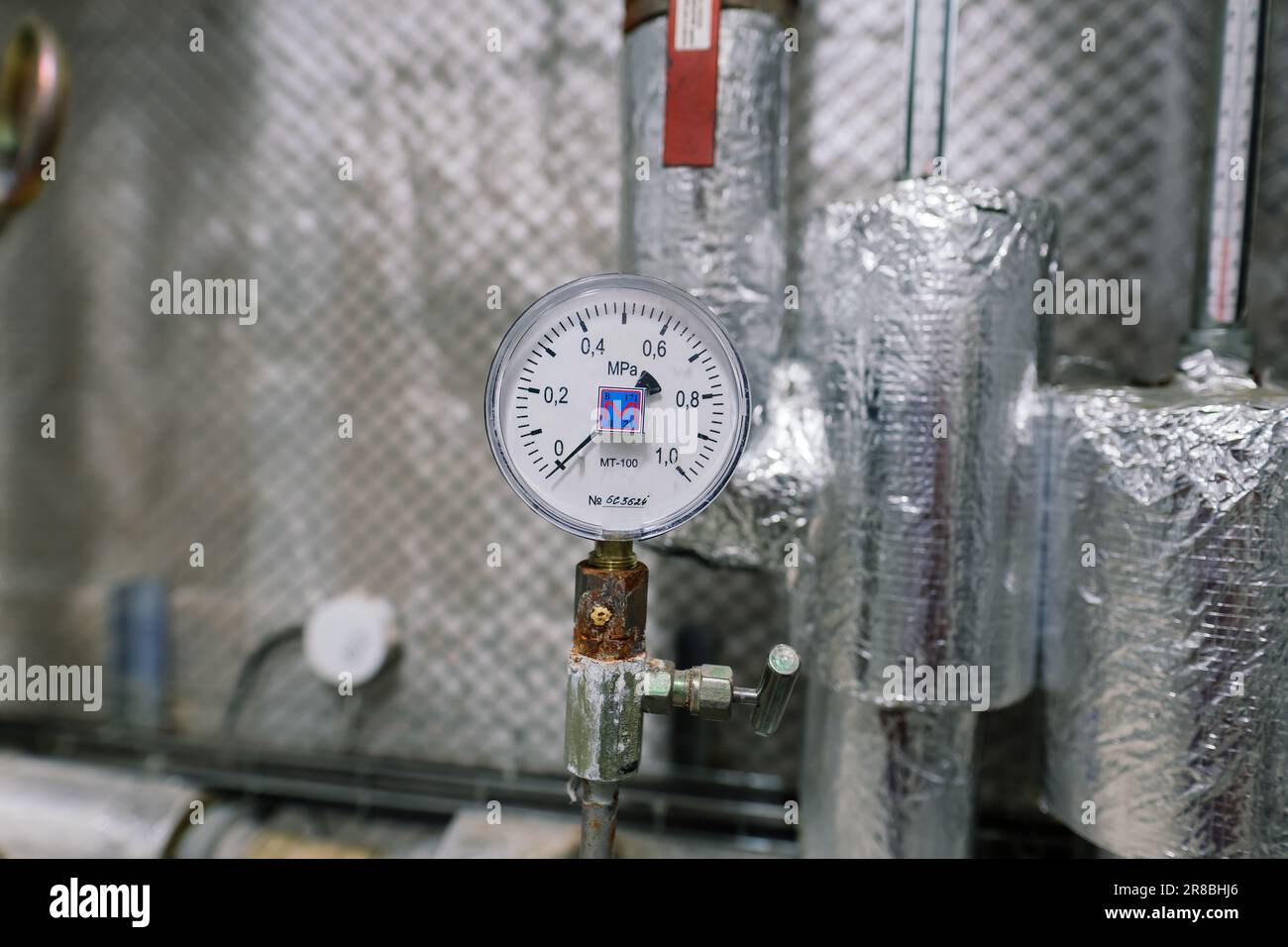 Pressure sensor in an industrial boiler room. Barometer in the heating ...