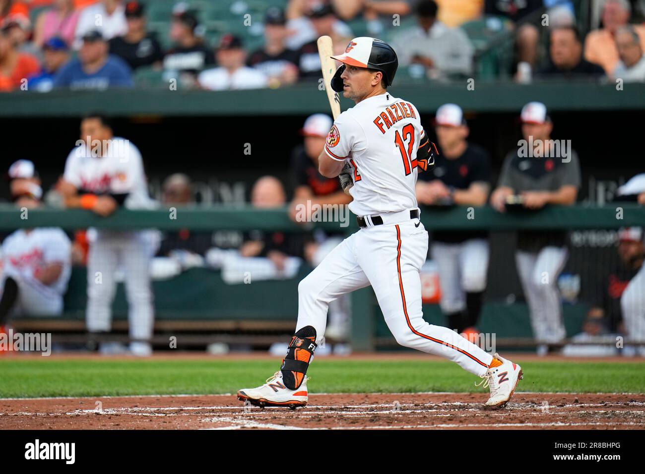 Baltimore Orioles' Adam Frazier follows through on a swing during the ...