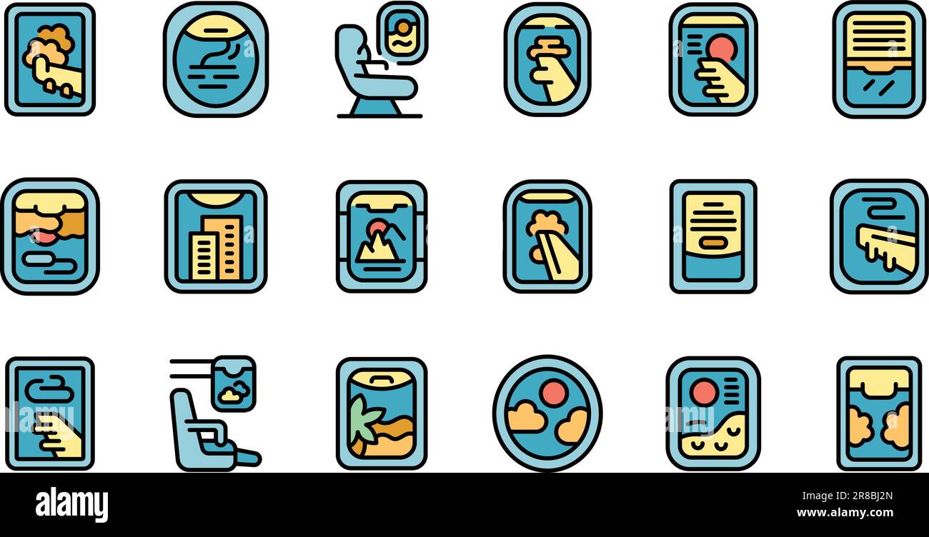 Airplane window icons set outline vector. Plane flight. Air travel thin ...