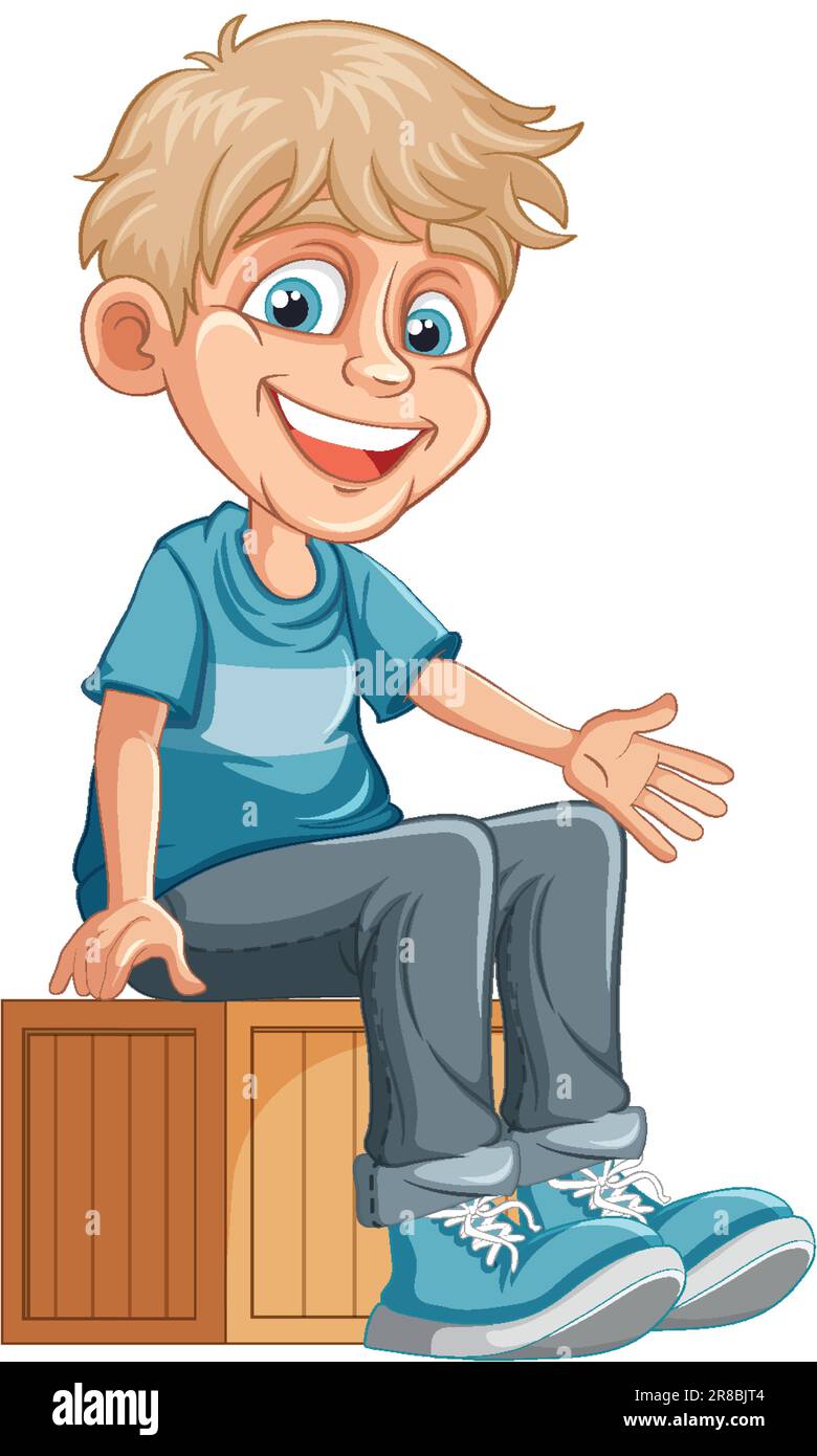 Cheerful Boy Sitting on Wooden Box Cartoon illustration Stock Vector ...