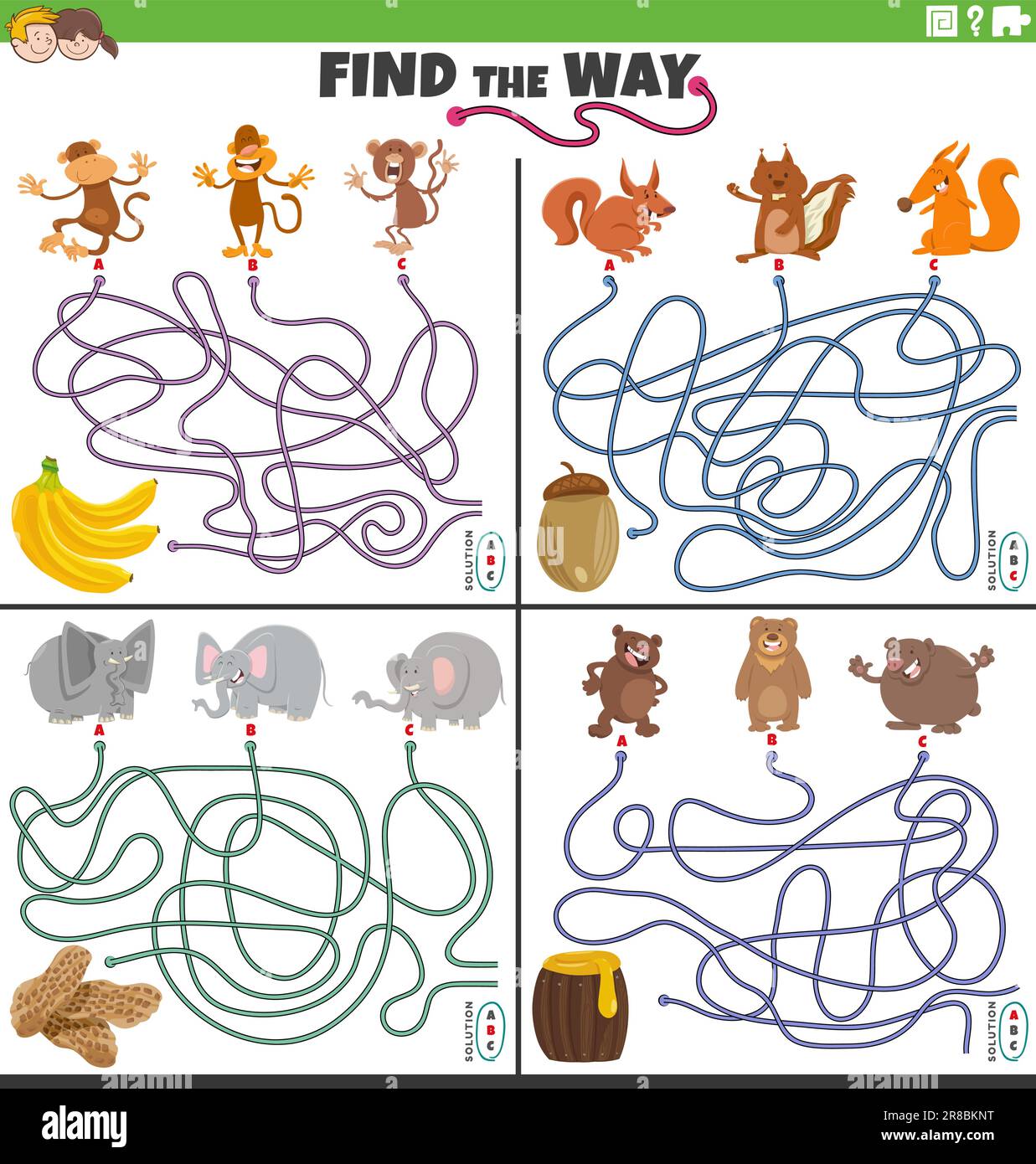 Cartoon illustration of find the way maze puzzle activities set with ...