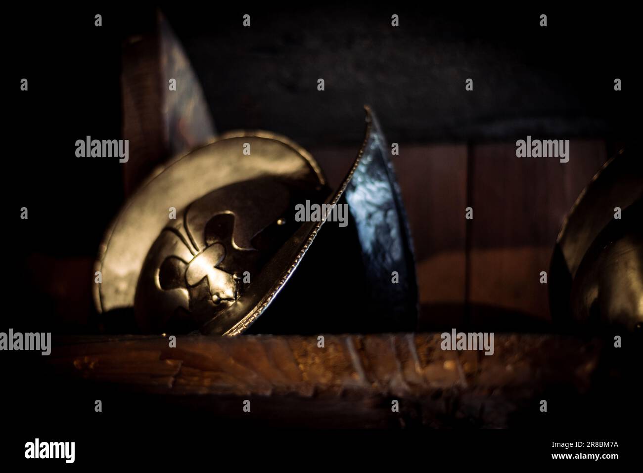 A close-up of a set of metallic armor from the Medieval Warfare ...