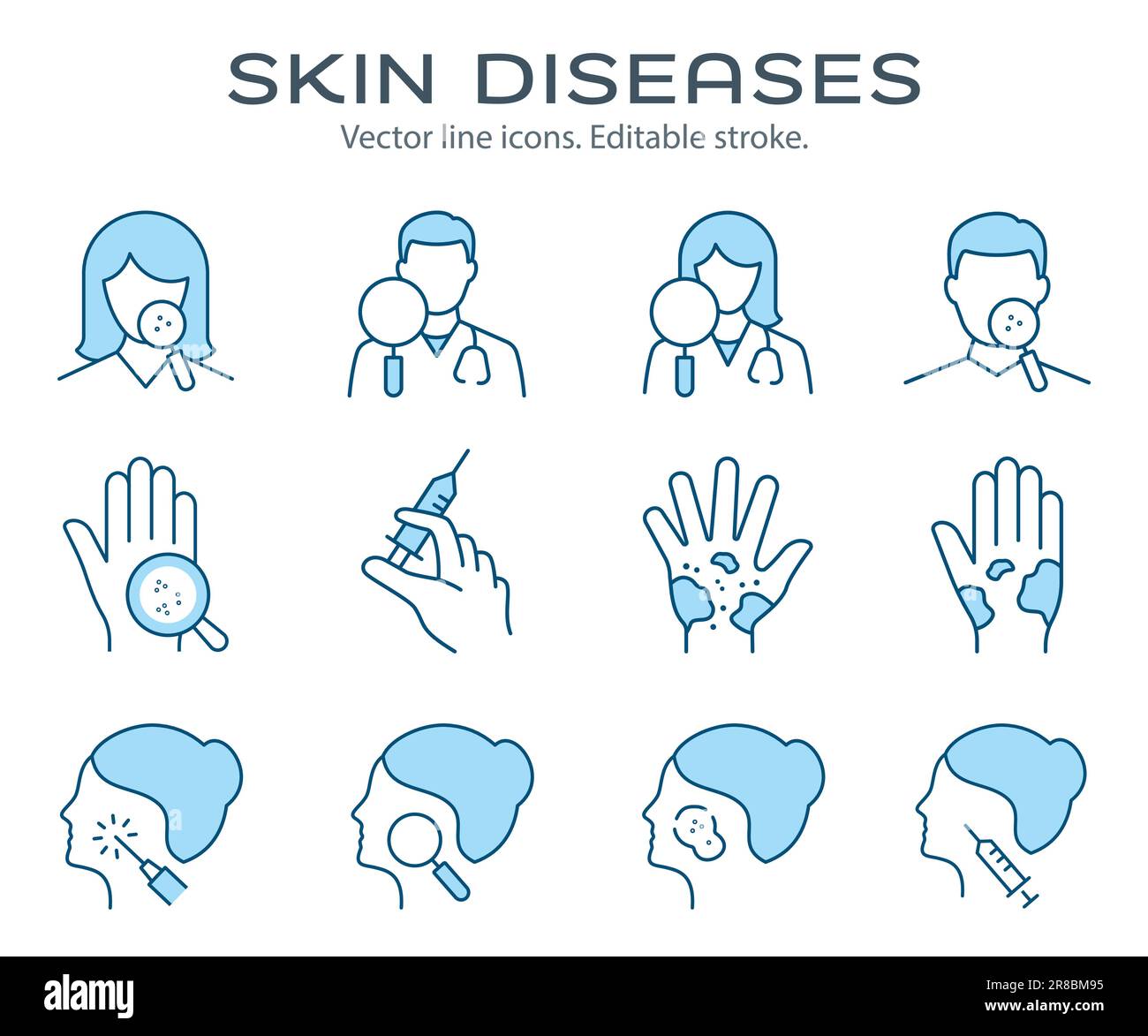 Skin diseases icons, such as acne, eczema, psoriasis, sunburn and more ...
