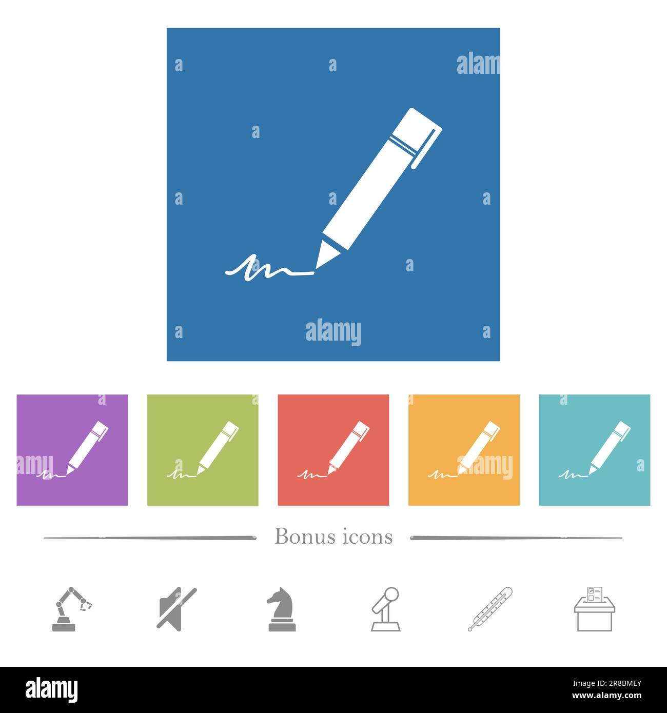 Writing pen flat white icons in square backgrounds. 6 bonus icons ...