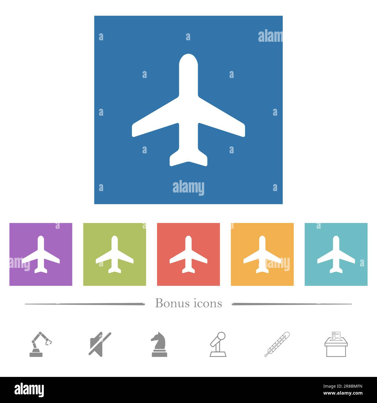 Airplane top view flat white icons in square backgrounds. 6 bonus icons ...