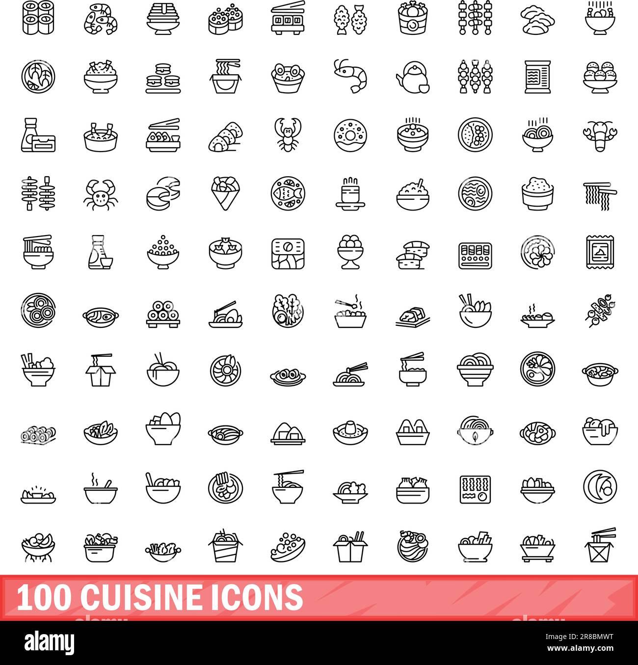 100 cuisine icons set. Outline illustration of 100 cuisine icons vector set isolated on white ...