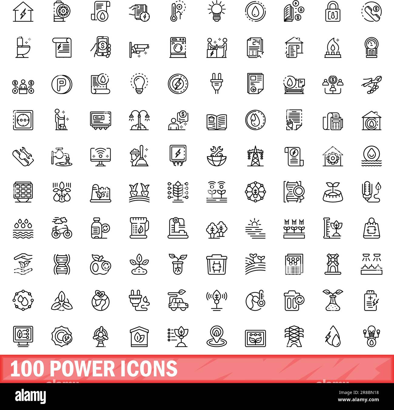 100 power icons set. Outline illustration of 100 power icons vector set ...