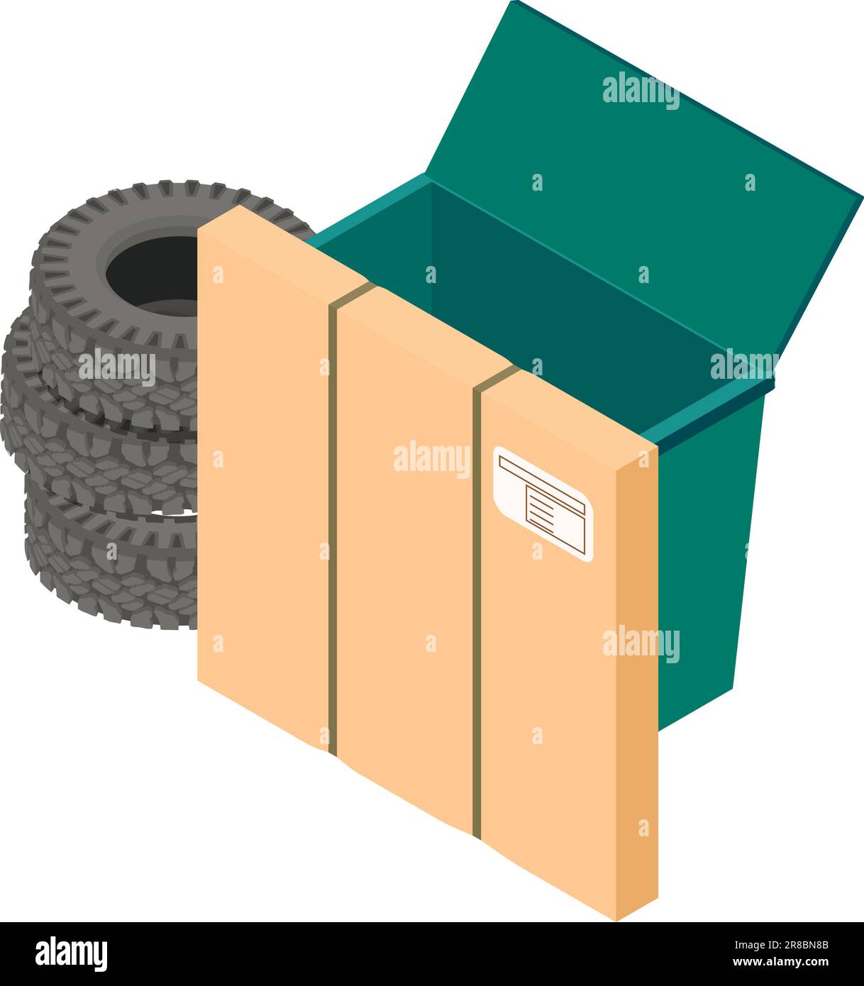 Waste recycling icon isometric vector. Worn car tire and pasel box near dumpster. Recycling ...