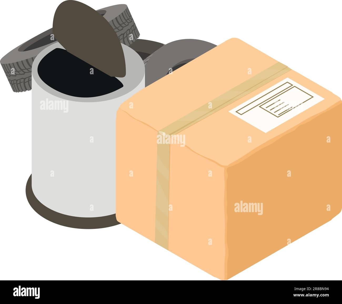 Environmental protection icon isometric vector. Car tire and box near metal urn. Industrial ...