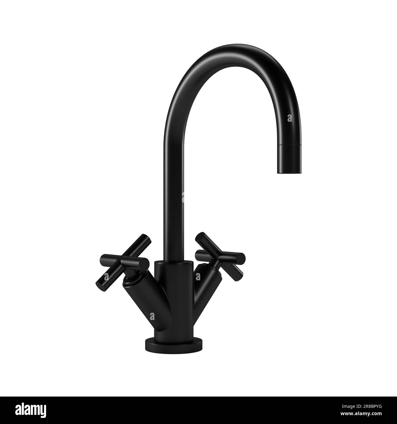 A three-dimensional rendering of a modern, chrome plated faucet ...